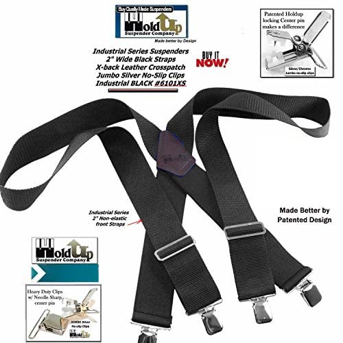 Holdup 2" wide Non-Elastic Industrial Series Black Suspenders for Men with the USA Patented No-Slip Clips
