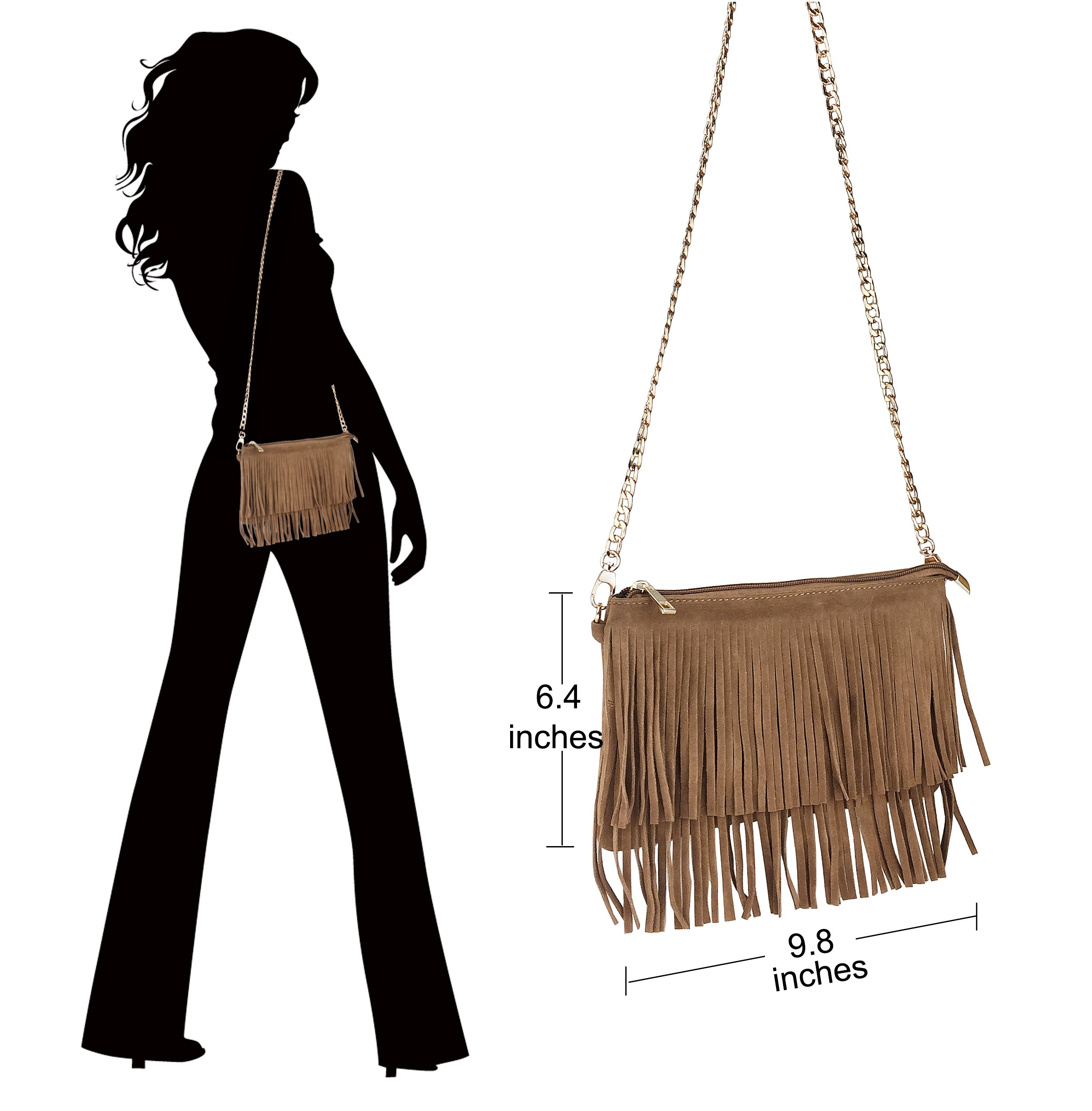 HOXIS Fringe Cross Body Bag Womens Small Shoulder Bag Top Zip Wristlet Brown