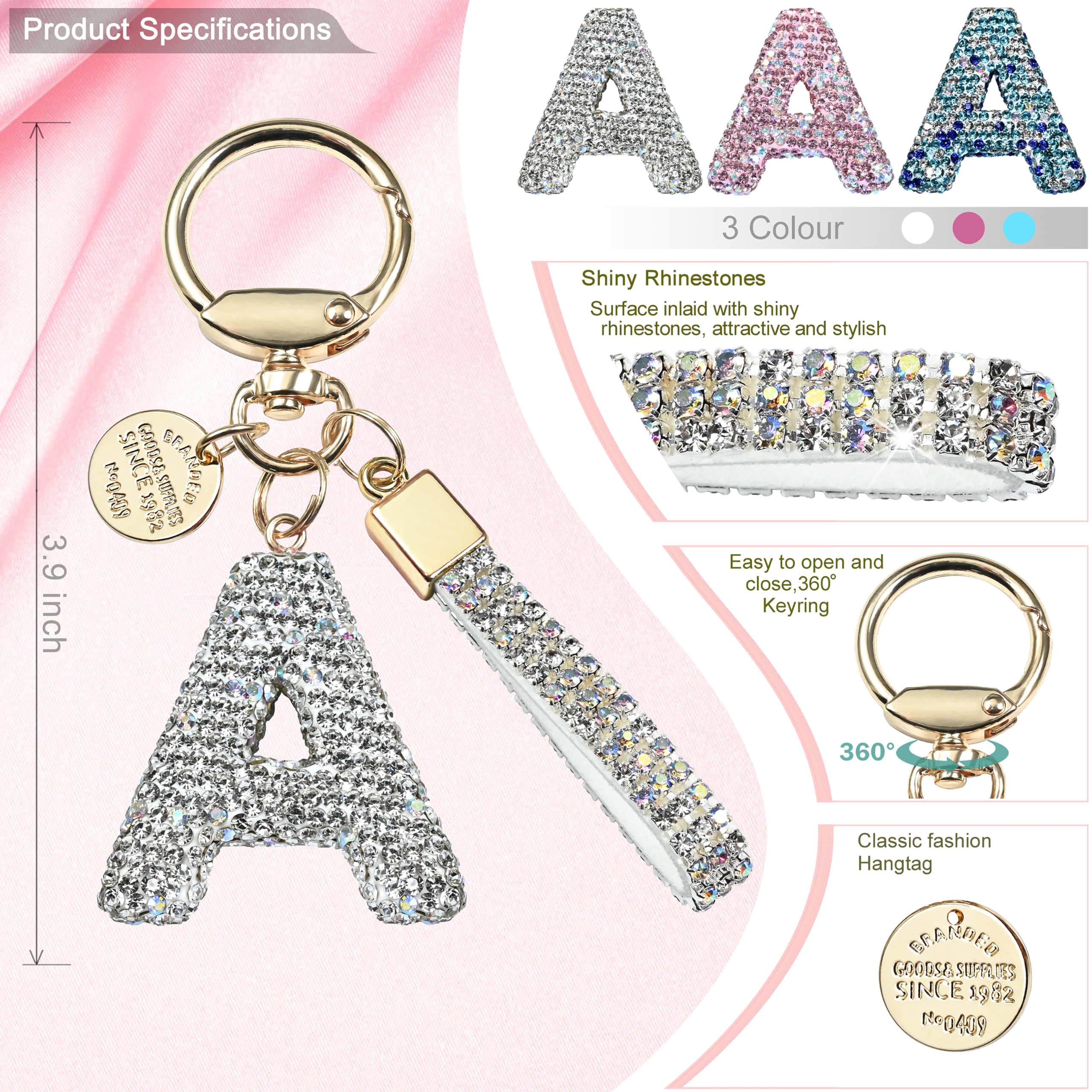 Pink Blue White Initial Letter Keychain Gift for Women Girls Bling Sparkly Cute Backpack Car Key Accessories Lanyard (A-white diamond)