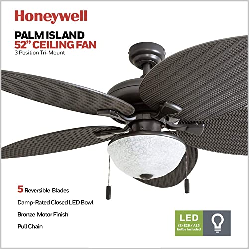 Honeywell Ceiling Fans Inland Breeze, 52 Inch Tropical Indoor Outdoor Ceiling Fan with Light, Pull Chain, Three Mount Options, Weather Resistant Blades - 50510-01 (Bronze)