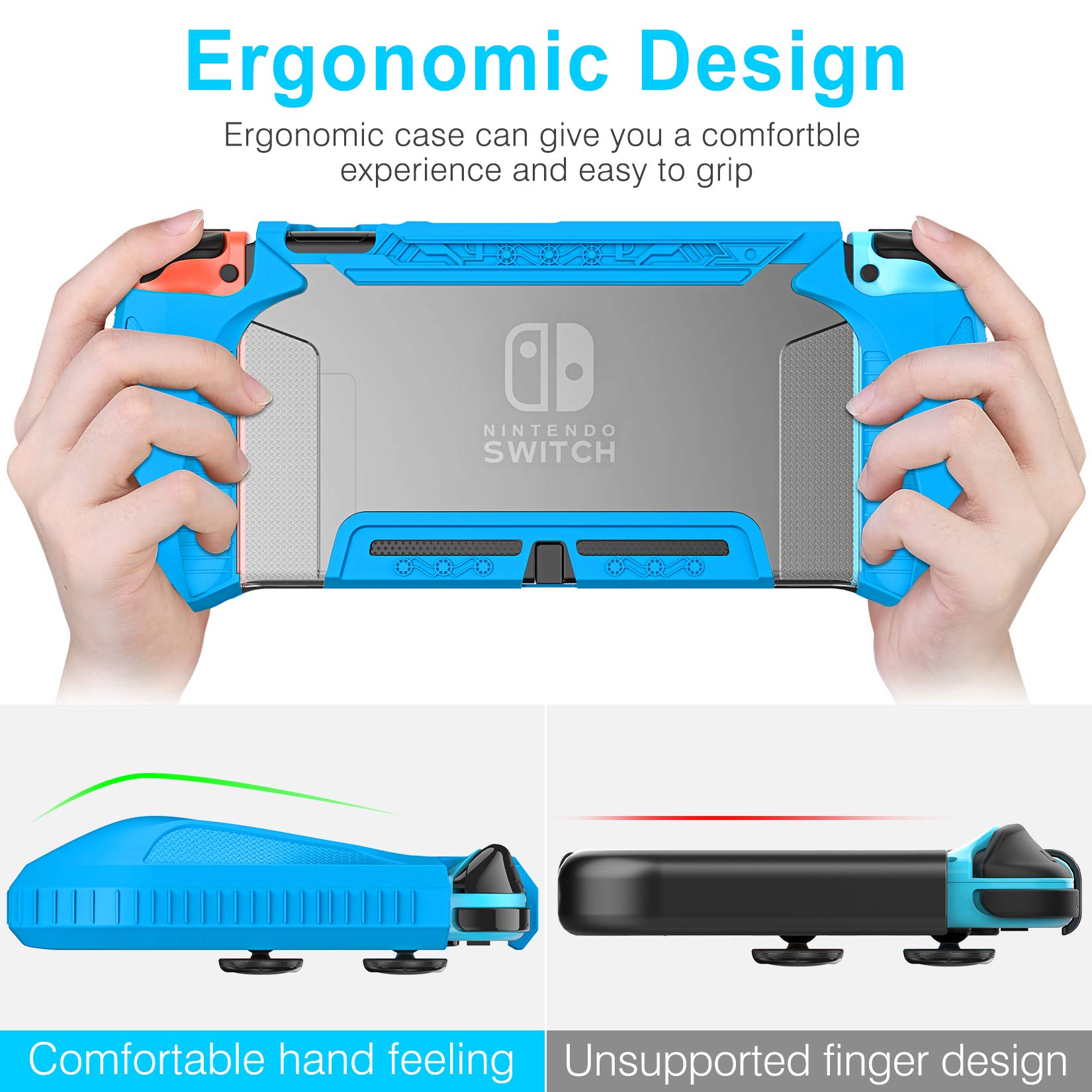 HEYSTOP Case Compatible with Nintendo Switch Case Screen Protector,TPU Protective Heavy Duty Cover Case for Nintendo Switch with Shock Absorption Transparent Blue