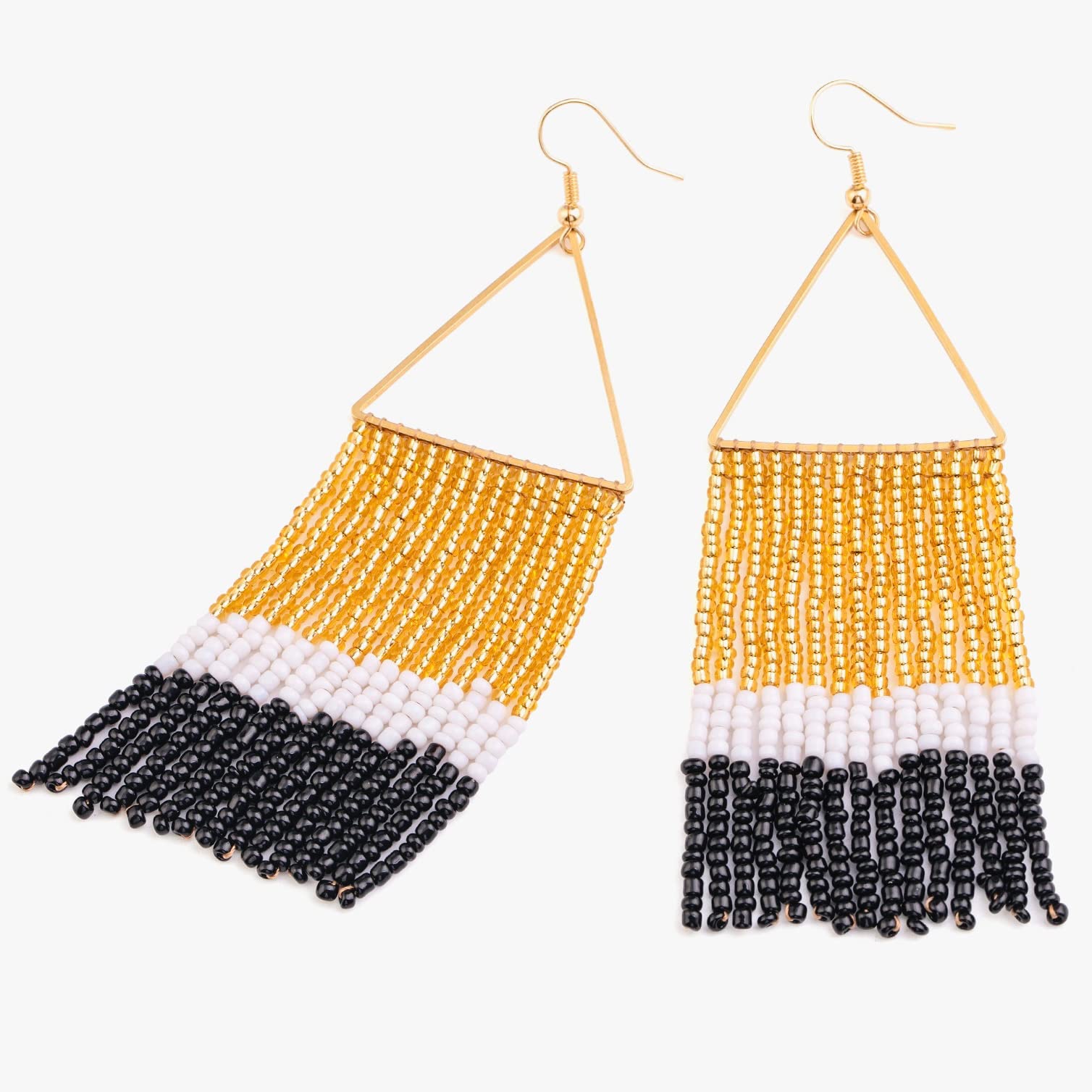 Handmade Beaded Tassel Earrings - Statement Seed Bead Earrings, Boho Beaded Fringe Drop Earrings for Women (TRIANGLE GOLD BLACK)