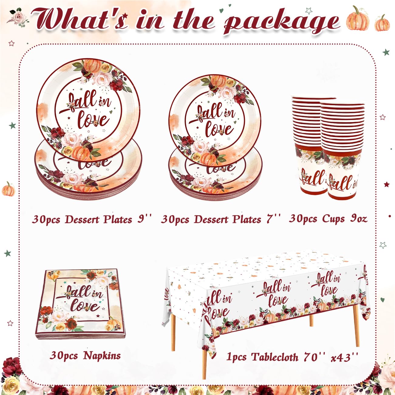 Zhynice Fall in Love Bridal Shower Decorations 121 Pcs Fall Wedding Disposable Dinnerware Autumn Floral Pumpkin Plates and Napkins Cups Tablecloth for Fall Theme Wedding Engagement Supplies 30 Guest