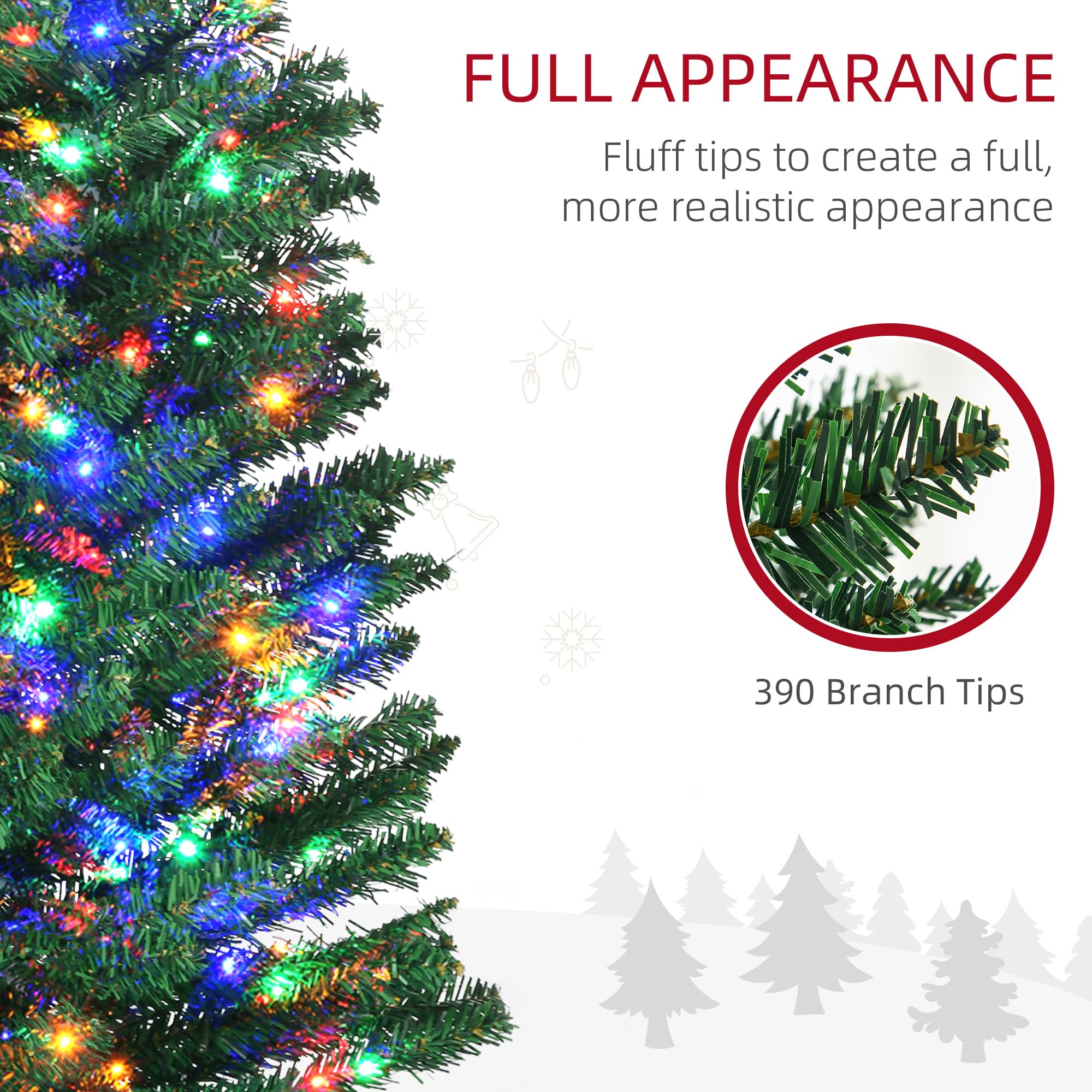 HOMCOM 6ft Tall Pencil Prelit Artificial Christmas Tree Holiday Décor with 390 Branches, 150 Colorful LED Lights, Steel Base, Green