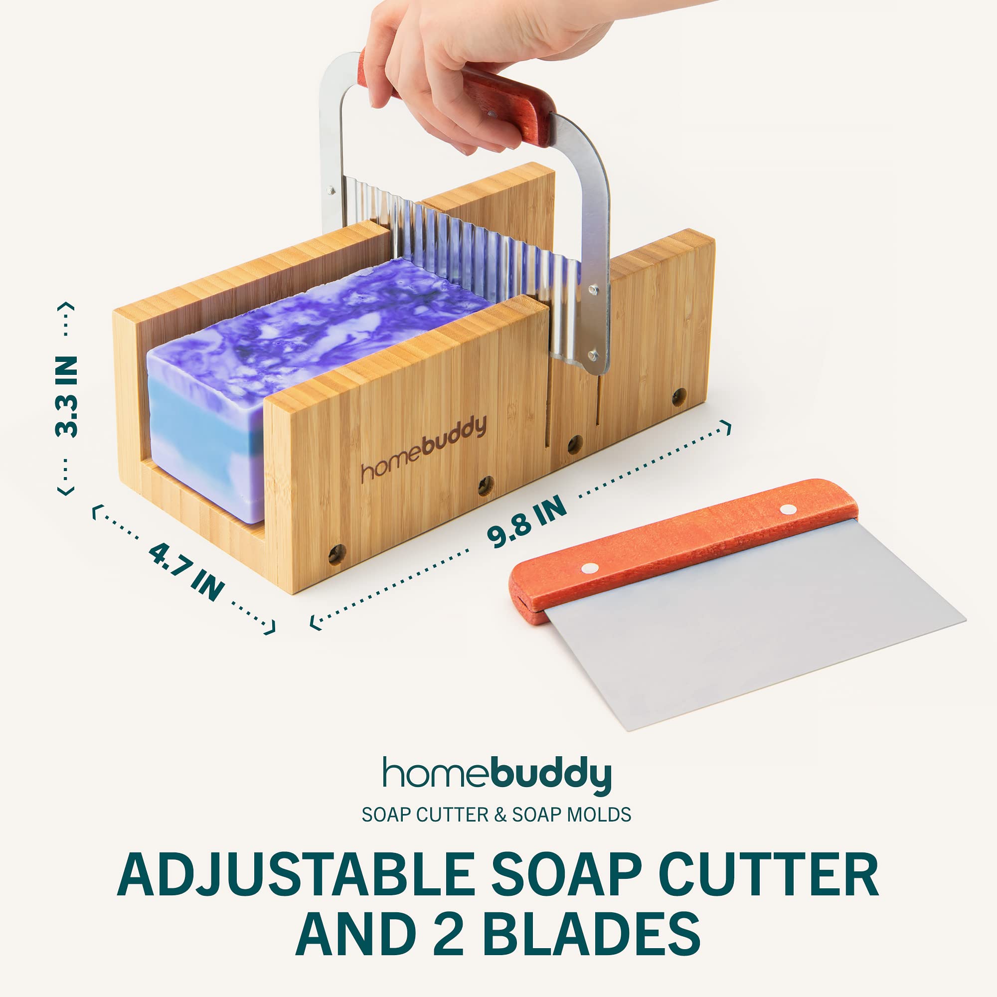HomeBuddy Soap Molds with Soap Cutter Set - Ultimate Soap Making Supplies, Silicone Mold Making Kit with Bamboo Box and Lid, Adjustable Wooden Soap Mold Cutter - All in One Soap Molds for Soap Making