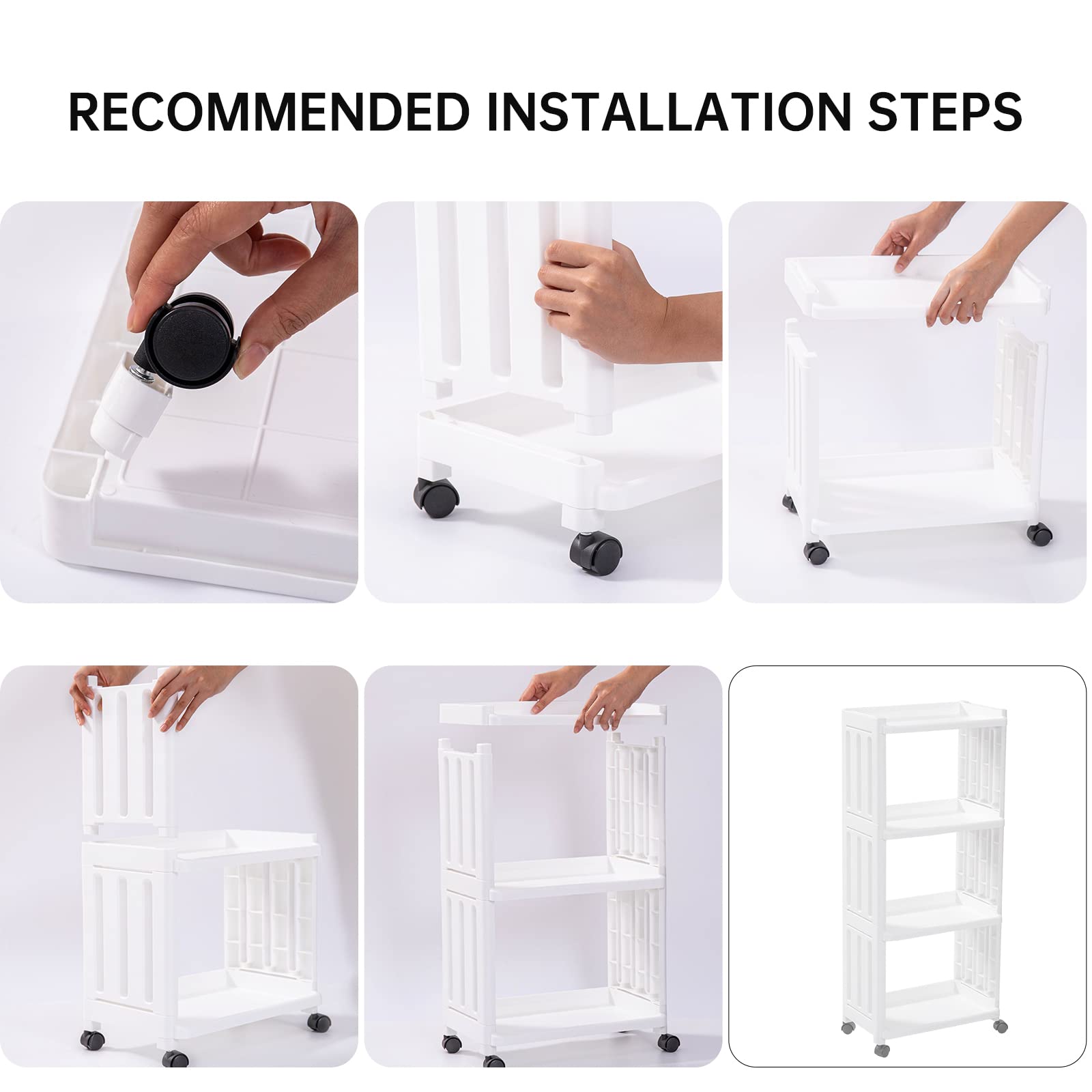 HAIXIN 4-Tier Plastic Utility Rolling Cart with Wheels, Mobile Storage Shelves Organizer, Snack Cart Organizer, Multi-Functional Storage Trolley for Kitchen, Bathroom, Living Room, Office, Dorm, White