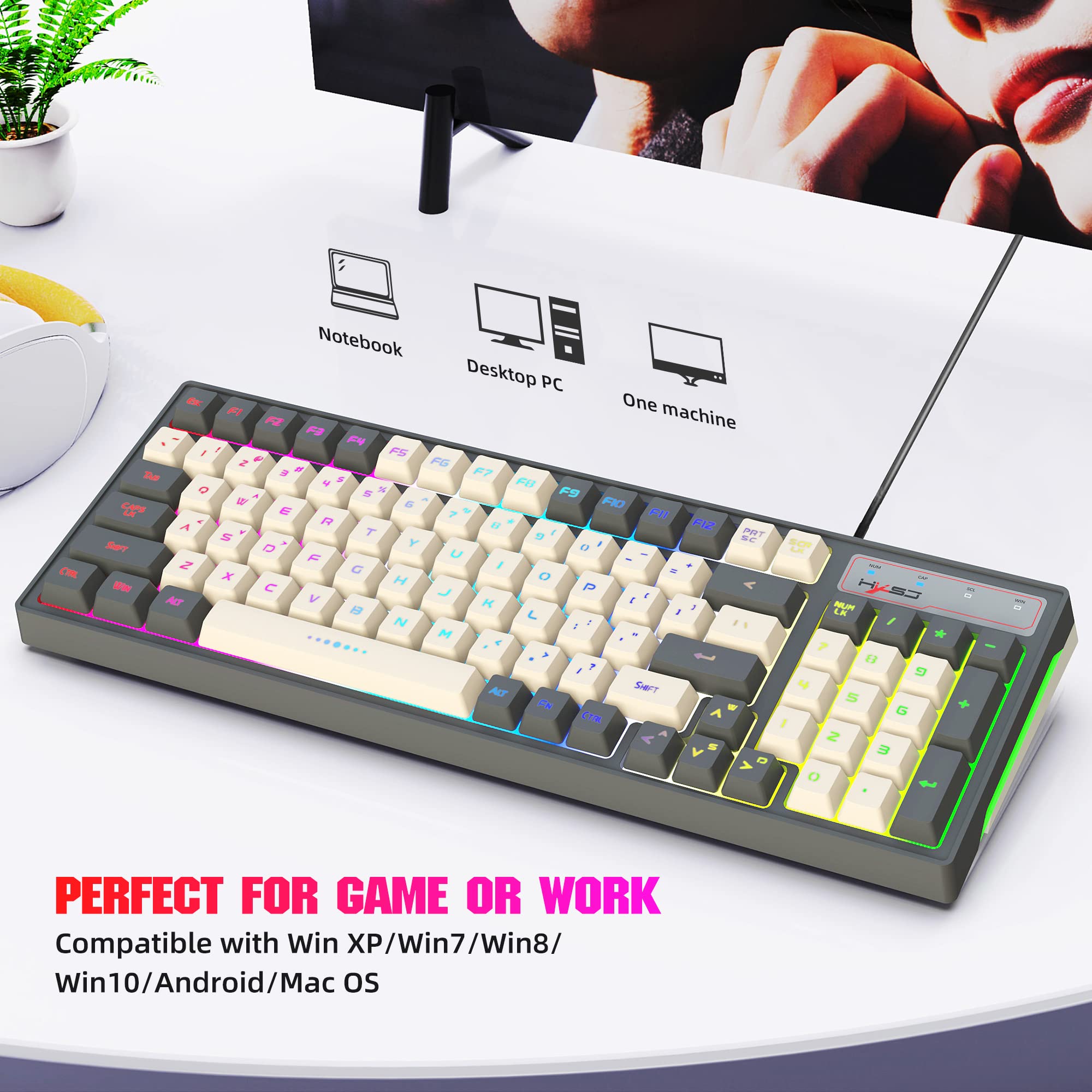 MANBASNAKE Gaming Keyboard,RGB LED Backlit,Multimedia Keys,Mechanical Feeling,Waterproof Compact 96 Keys,Silent USB Membrane Keyboard for Desktop,Computer,PC(Grey/White)