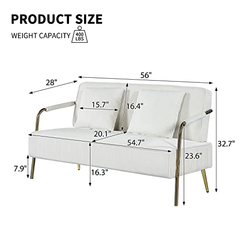 Taiweny Velvet Loveseat Small Sofa Couch, Modern Pleated Upholstered 2 Seater Love Seat Settee with Two Throw Pillows for Living Room Bedroom Apartment, 56β (Beige)