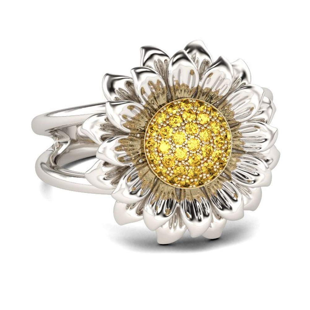 Jeulia s925 Sterling Silver Sunflower Rings Intertwined Ring Daisy Hawaiian Flower Rings for Women Halo Engagement Ring Set Bridal Anniversary with Jewelry Gift Box (Sunflower, 5.5)