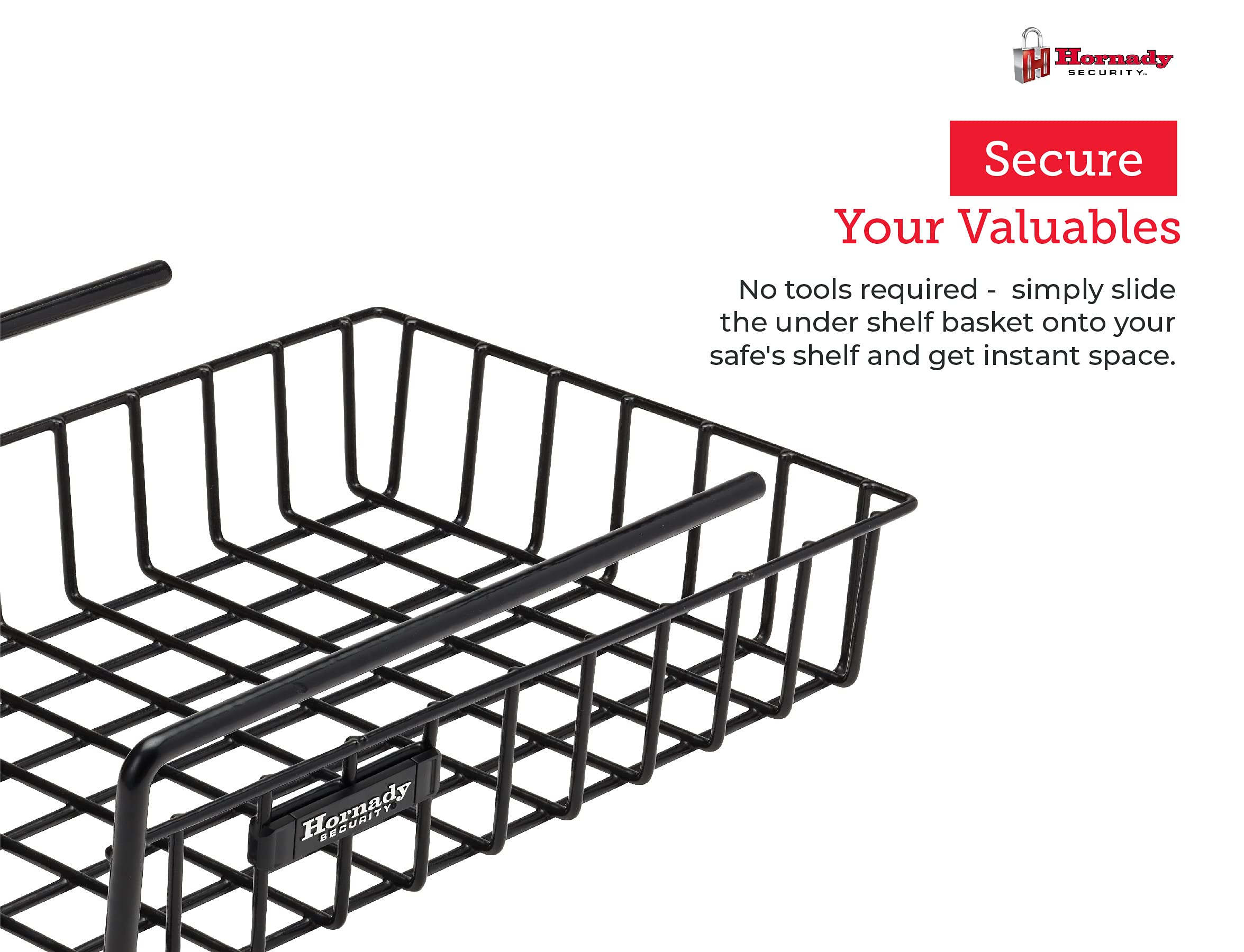 Hornady Hanging Shelf Document Basket, 96012 - Coated Wire Basket Maximizes Storage for Documents, Gun Accessories, & Ammo - Easy Access Under Shelf Storage for Gun Safes - Holds Up to 40 Pounds