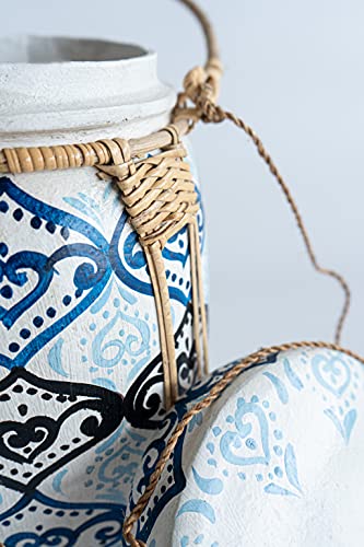 Siam Sawadee White Weaved Bamboo Rice Basket, Hand Woven Thai Rattan Jar, Handcrafted Traditional Household Wicker Container, Moroccan Pattern Painted, Handmade in Thailand, 7x12 inches