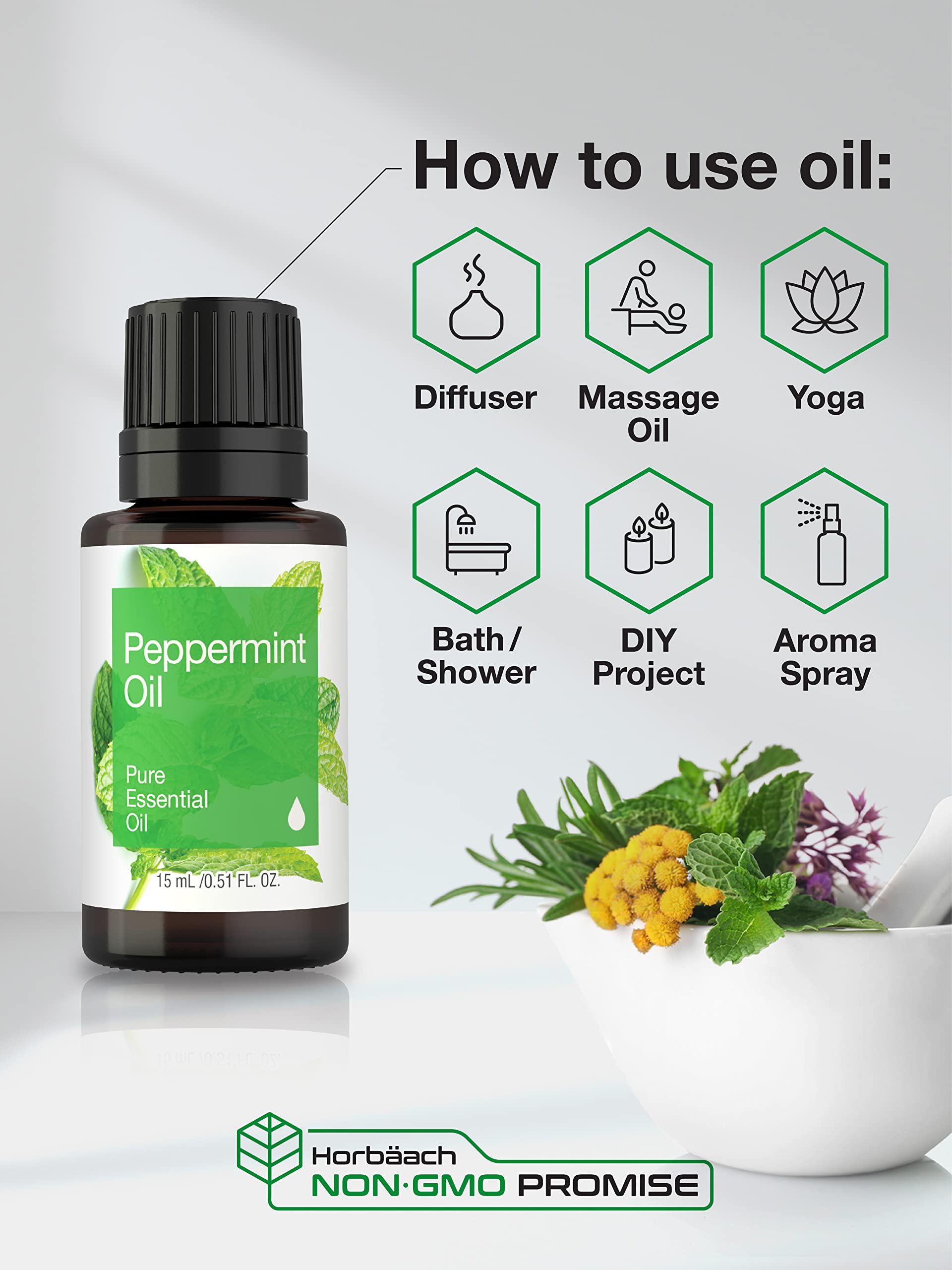 Horbäach Peppermint Essential Oil | .51 fl oz (15mL) | for Massage, Bath & Diffuser