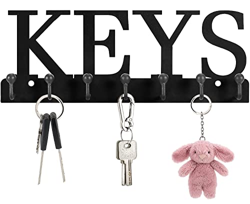 HLWDFLZ Key Holder for Wall - Wall Mounted Key Hangers with 7 Key Hooks, Wall Decorative Organizer Rack for Entryway Mudroom Front Door Kitchen Hallway Office 10 X 4 inches (BLACK KEYS)