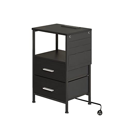 Vabches End Table with Charging Station, Nightstand with USB Port, Outlet and Fabric Bag, 2 Drawers & Open Storage Shelf Side Table, Sofa Cabinet for Living Room, Bedroom, Office