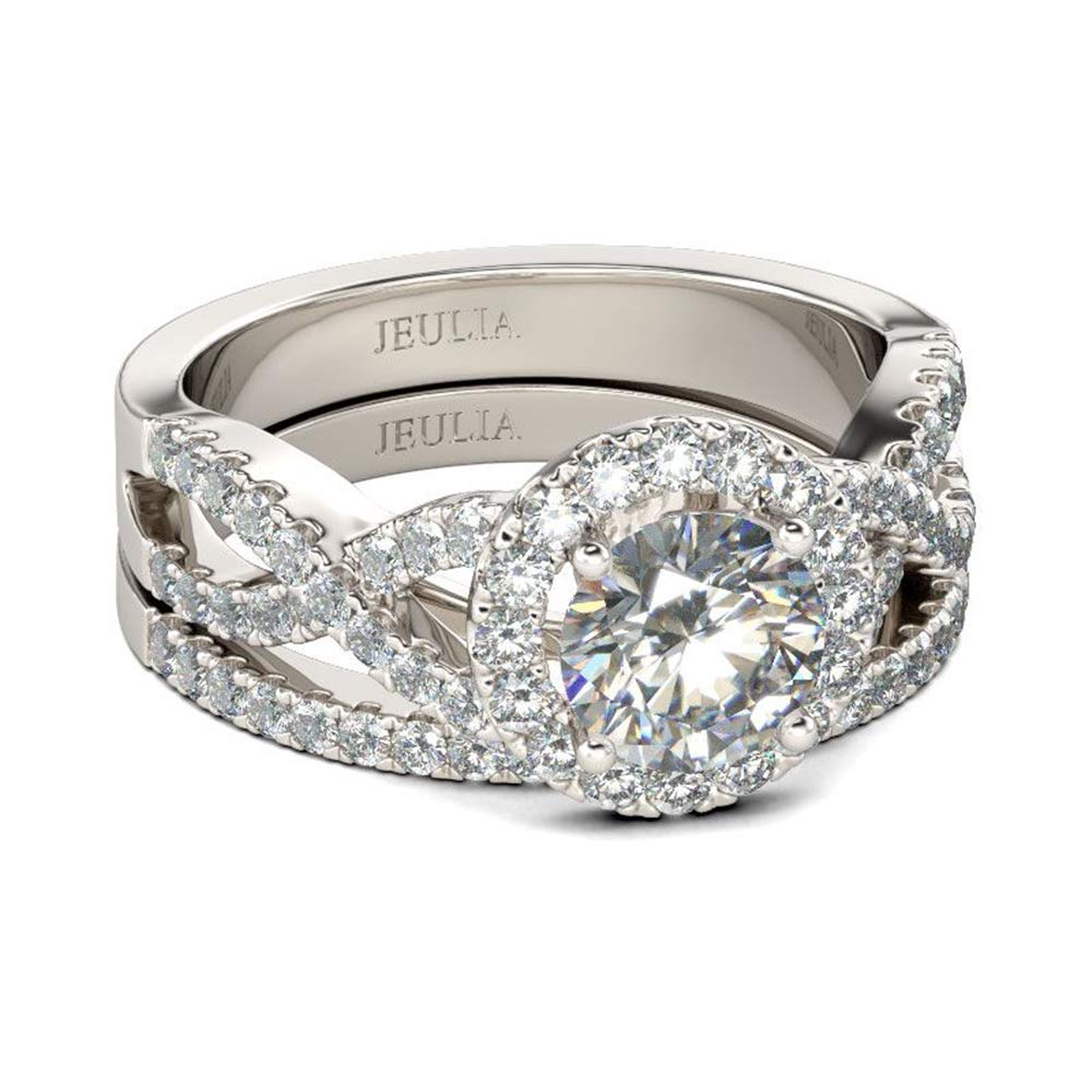 Jeulia Twist Halo Round Cut Sterling Silver Ring Set Cubic Zirconia CZ Eternity Engagement Anniversary Wedding Band Ring for Women with Gift Box (Silver, 9.5)