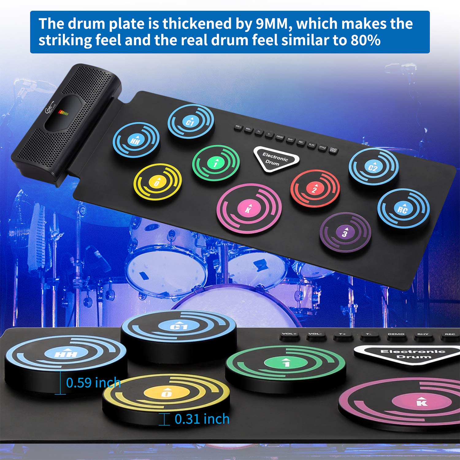 Hricane Electronic Drum Set 9 Pads, Roll Up Drum Practice Kit USB Rechargeable Thickened Drum Pad with MIDI Headphone Jack Built-in Speaker with Foot Pedals Drumsticks for Adult Kids Beginners