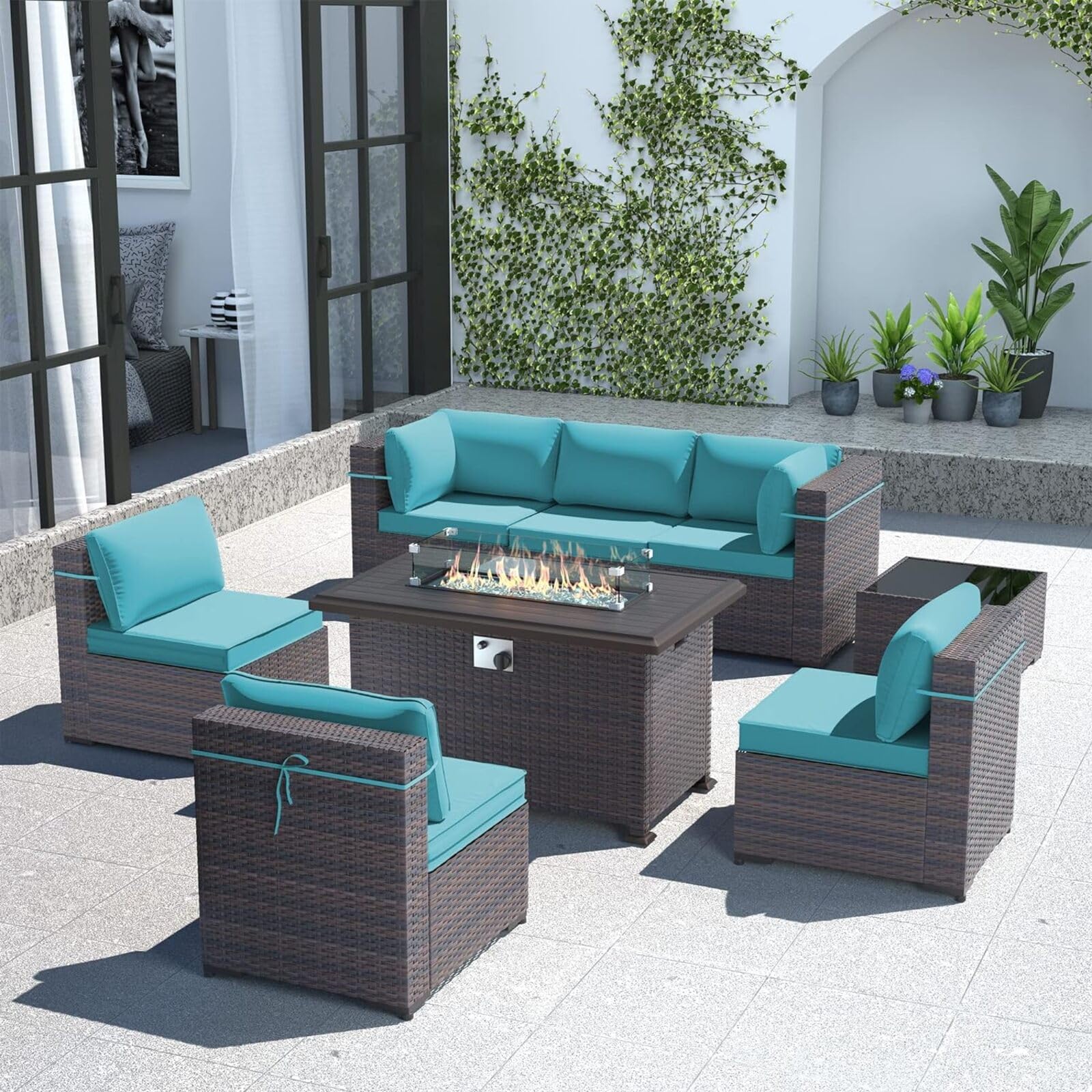 HEZLA PE Rattan Wicker Patio Furniture Set 8 Pieces Outdoor Sectional Conversation Sofa Dining Table Set with Cushions/Storage Table