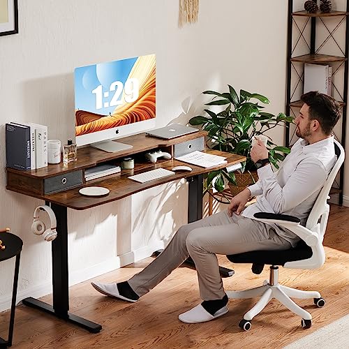 Height Adjustable Electric Standing Desk with Storage Shelf Double Drawer, 55 x 24 Inch Stand up Desk, Sit Stand Desk with Splice Board, Standing Table Black Frame/Rustic Brown Desktop for Home Office