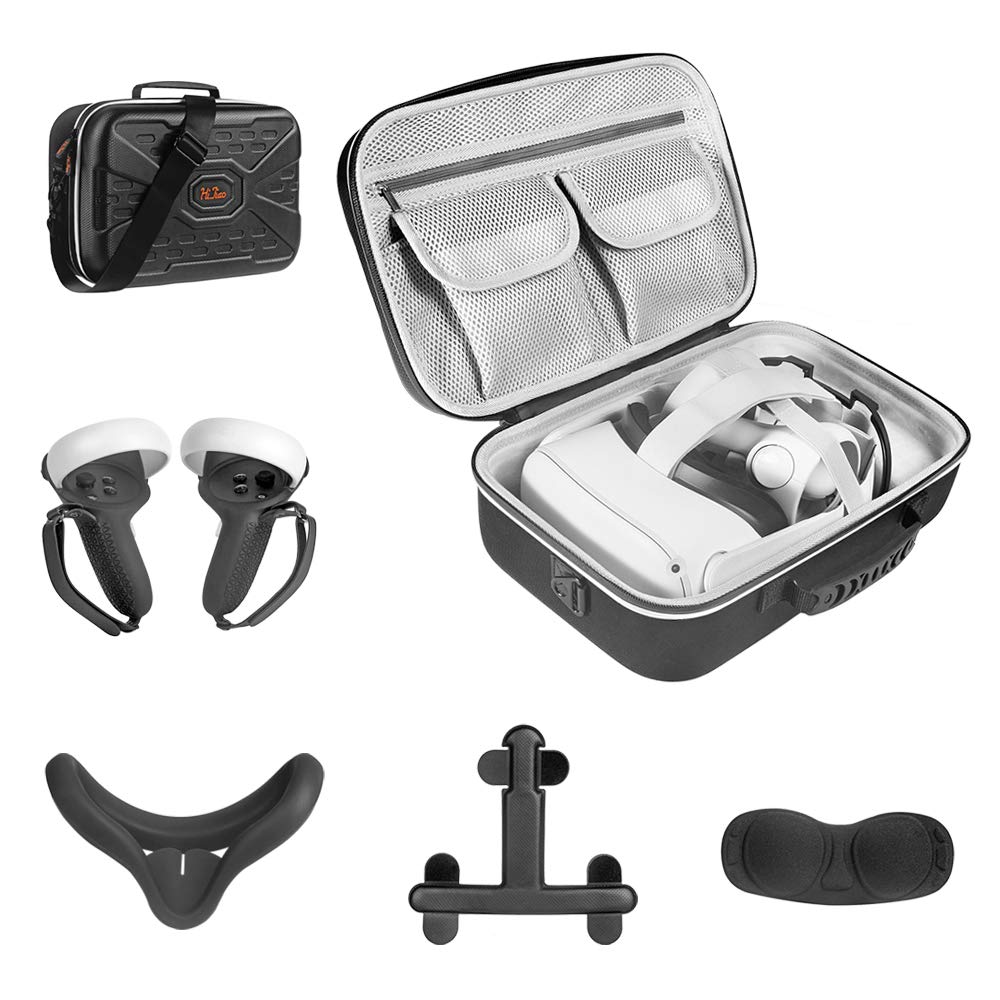 HIJIAO NEW Kit for Oculus Quest 2, Including Hard Travel Case& Controller Grip Cover & Knuckle Strap&Head Strap Pad&Silicone Face Cover&Lens Protect Cover &Shoulder Strap for Oculus Quest 2(6 in 1)