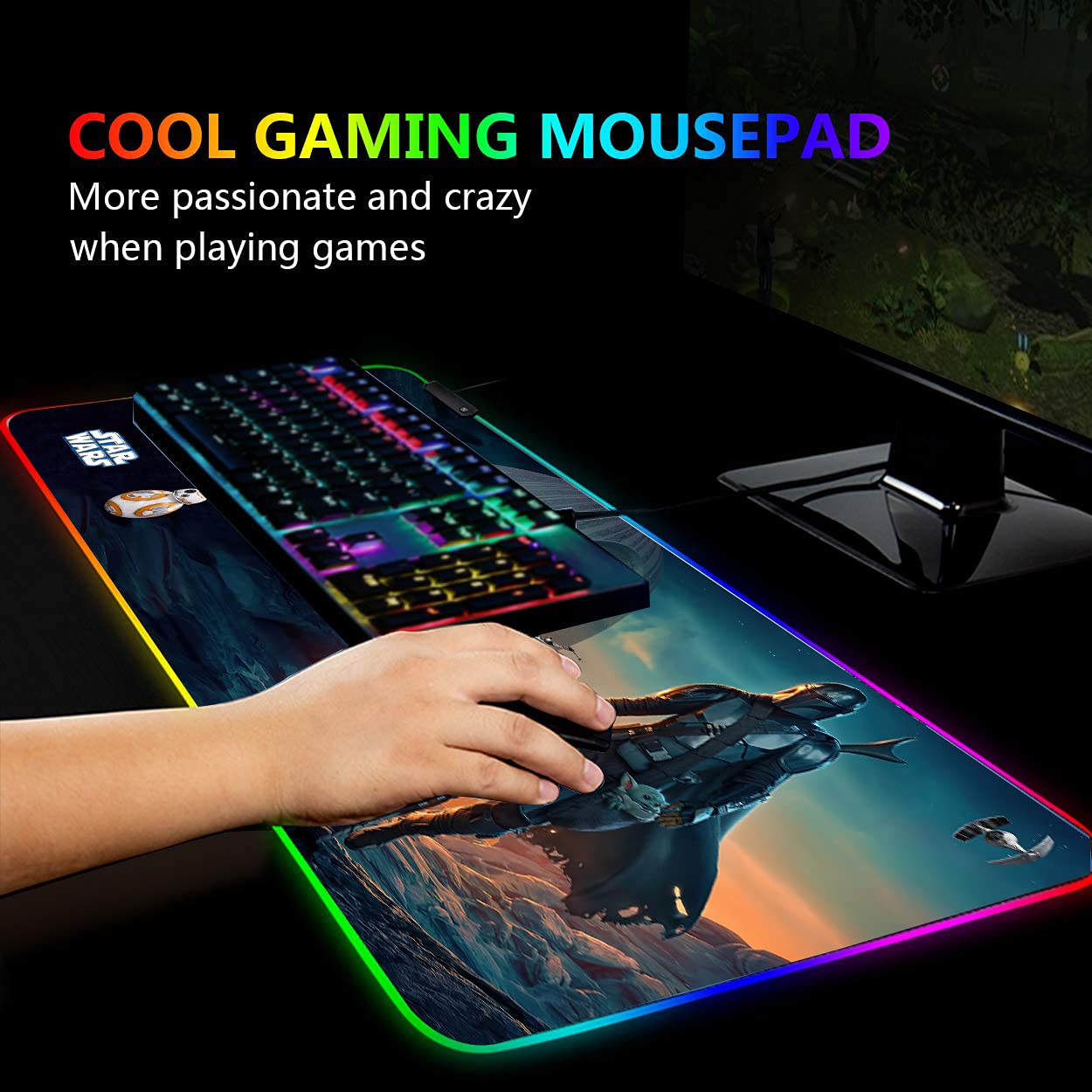 Mandalorian Yoda RGB Soft Gaming Mouse Pad Glowing Led Extended Mousepad (medium Mandalorian)