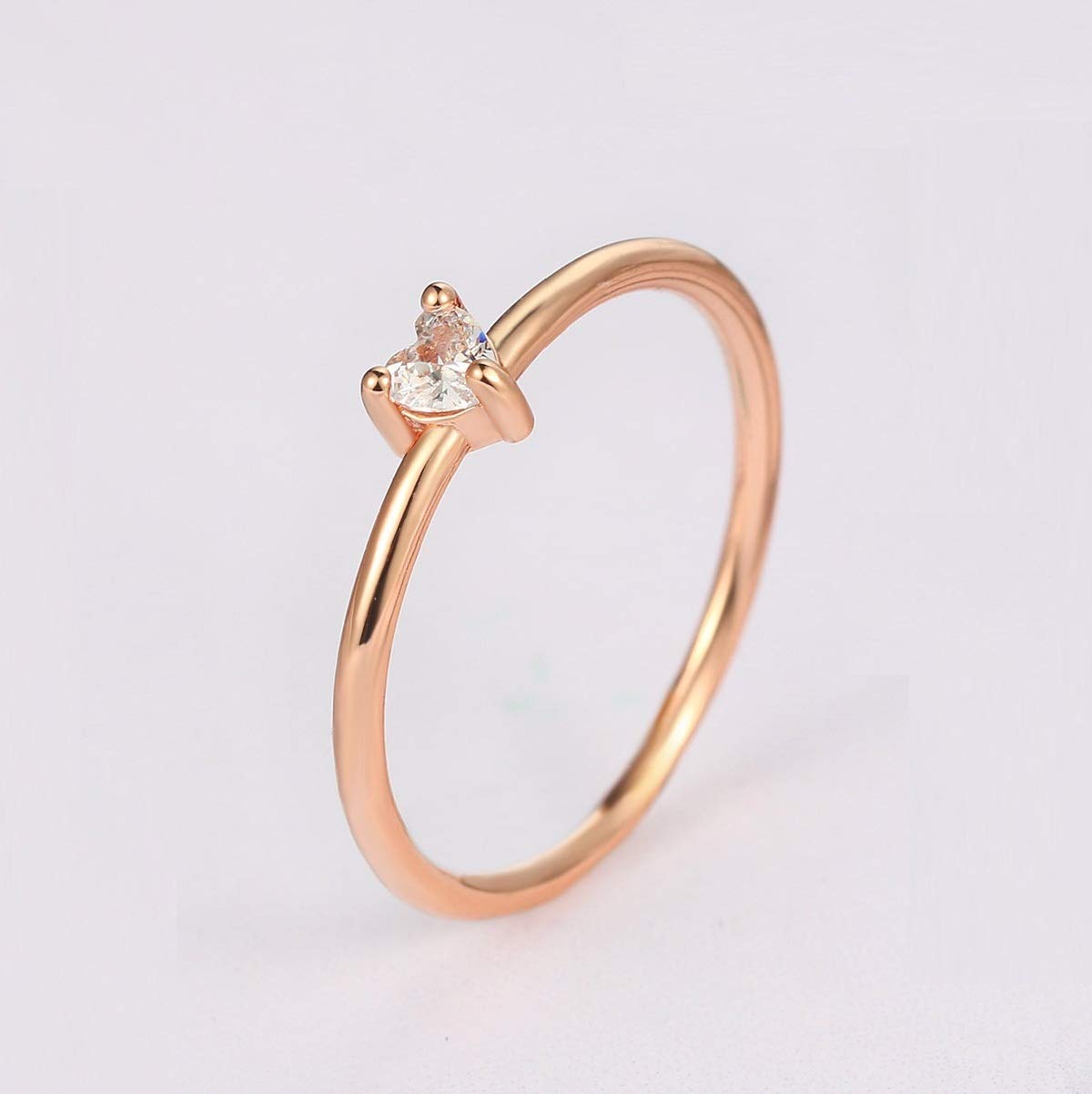 hsiyyecg Women's Heart-Shaped CZ Crystal Ring in Rose Gold Minimalist, Delicate Plain Band Knuckle Stacking Midi Jewelry (US Size 10)