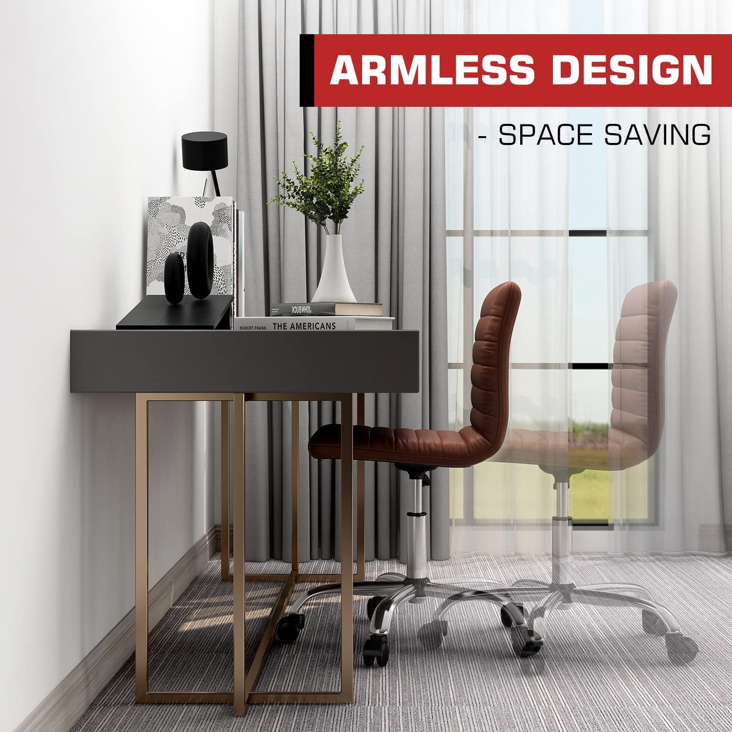 HOMEFLA PU Leather Office Armless-Computer Swivel Rolling Task Home Low Back Makeup Ribbed Desk Chair with Wheels for Bedroom Conference Reception Room (Brown, Retro)