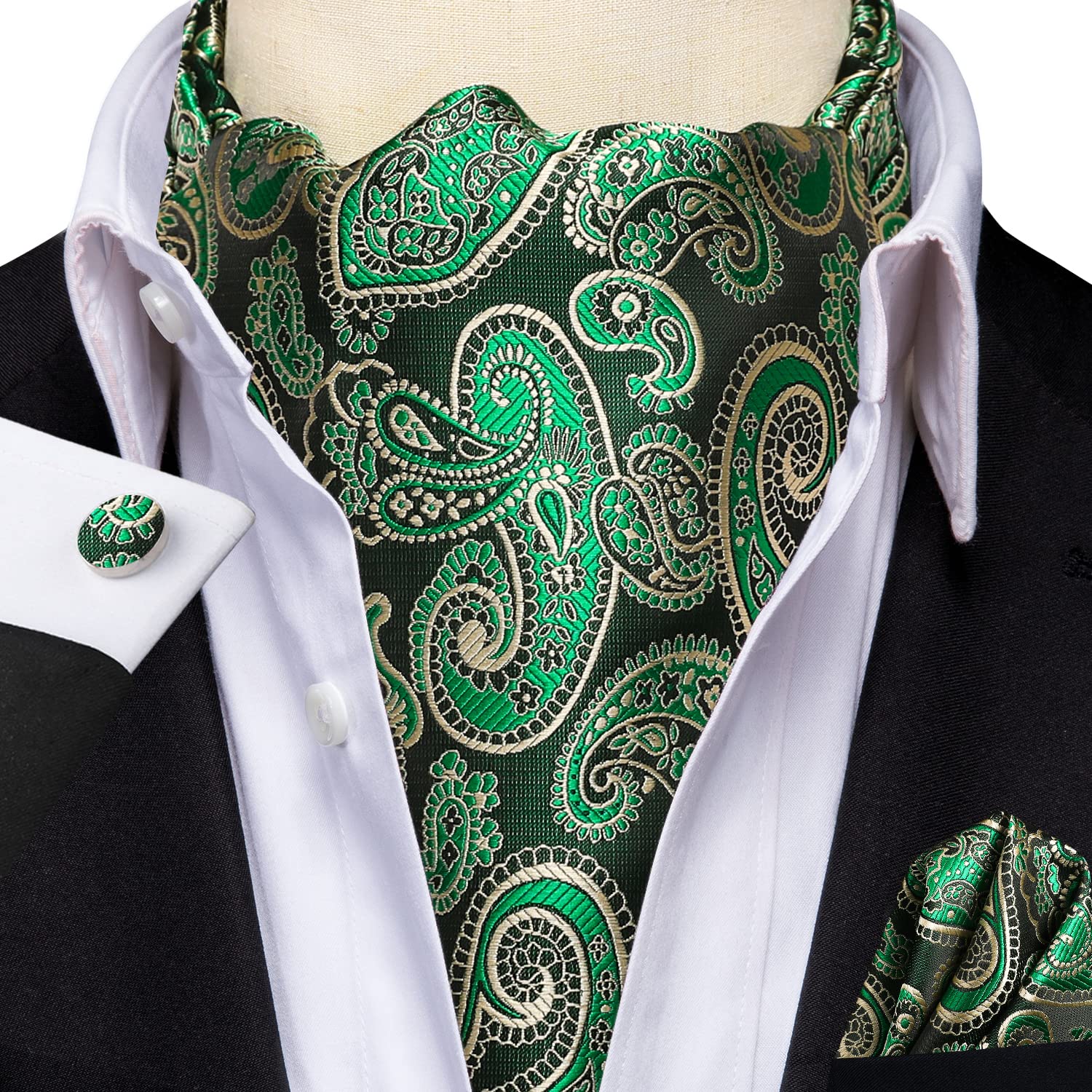 Hi-Tie Green Black Paisley Ascot Ties Formal Cravat Lapel Pin Pocket Square Cufflinks Scarf Wedding Dress Tuxedo