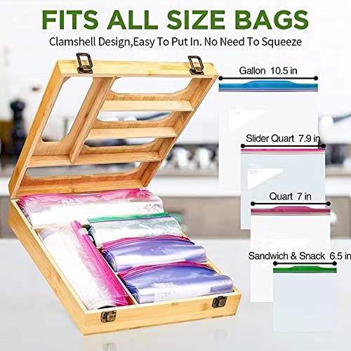 Sandwich Baggie Organizer, 5 Slots Ziplock Bag Storage Organizer, Bamboo Ziplock Bag Storage Organizer, for Kitchen Drawer & Wall Mount, Suitable for Gallon, Quart, Sandwich, and Snack Bags