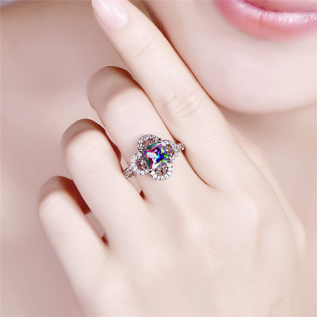 Honghu Princess Cut Rhinestone 925 Sterling Silver Ring Blue Sapphire Jewelry Gemstone Flower Created Multicolor #8