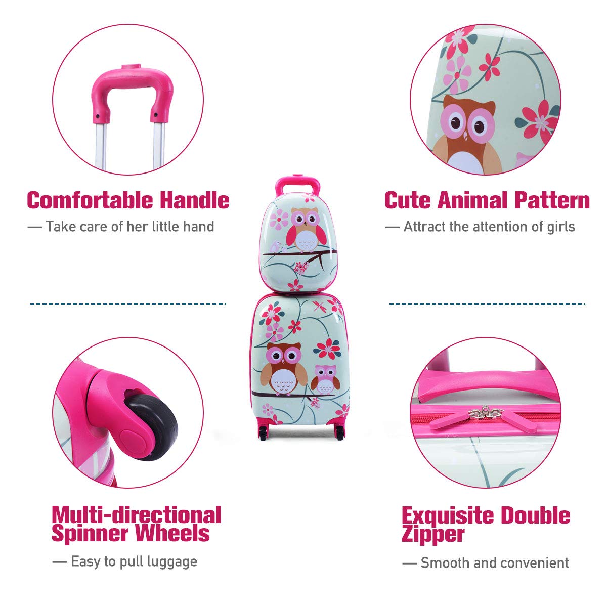 HONEY JOY Kids Luggage, 12β Travel Backpack & 16β Hard Shell Toddler Suitcase, Children Rolling Luggage with Wheels, Retractable Handle & 4 Casters, 2Pcs Carry On Luggage Set for Boys Girls (Owl)