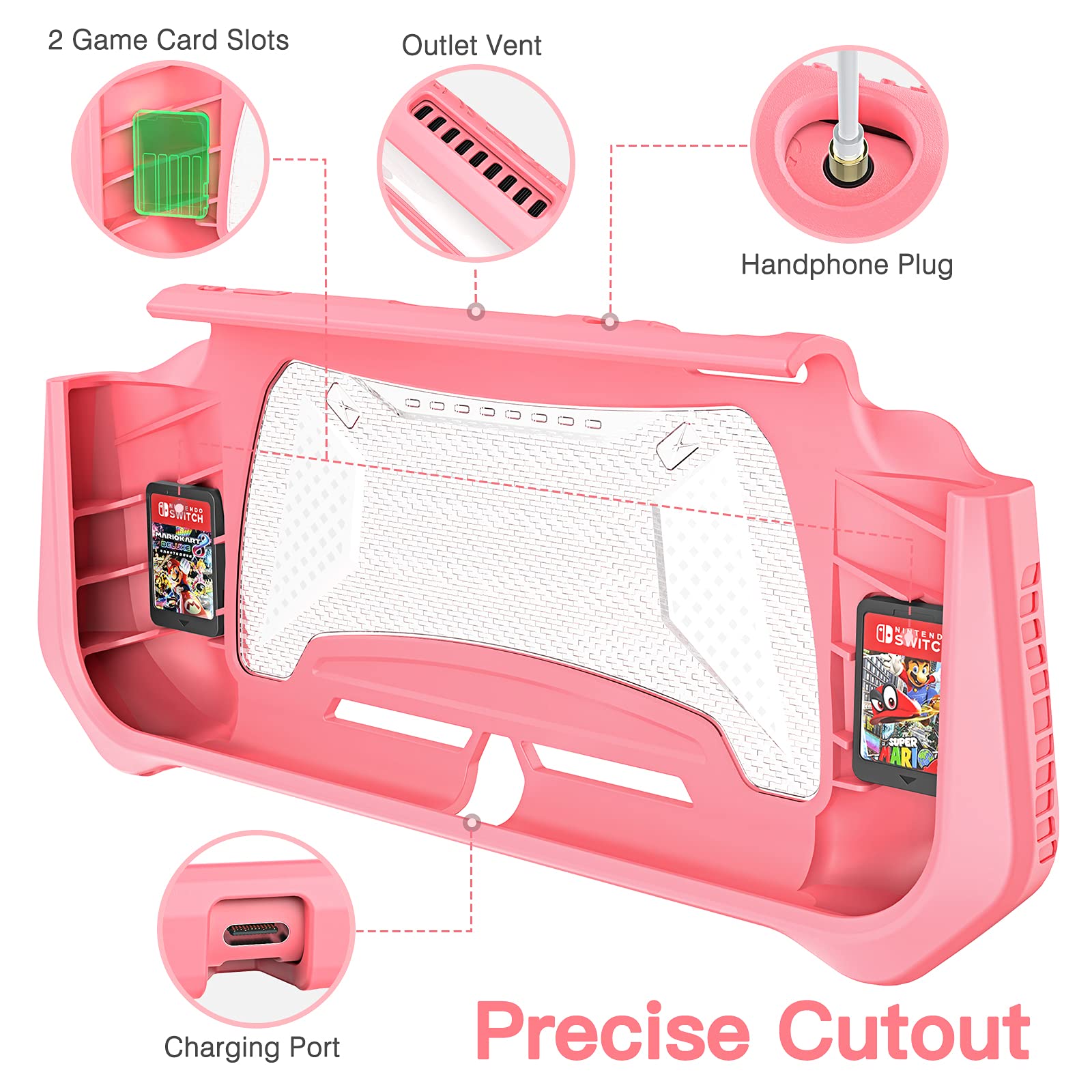 HEYSTOP Switch Lite Case Cover, Switch Lite Protective Case with Game Card Storage, Tempered Glass Screen Protector and Thumb Grip, Switch Lite Grip Case Anti-Scratch Non-Slip Case, Pink