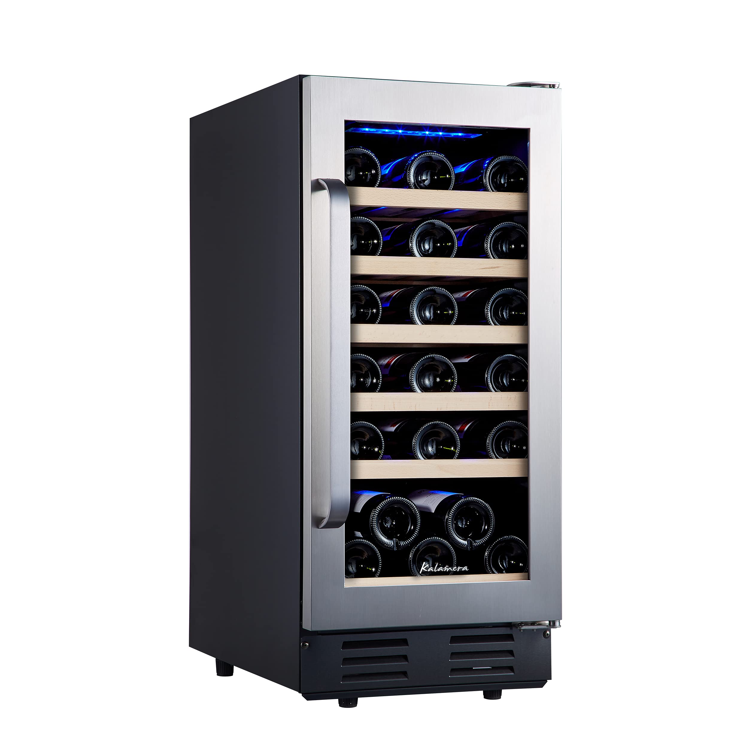 Kalamera 15” Wine Cooler and Fridge |30 Bottle Built-in & Freestanding Single Zone Wine Refrigerator |For Kitchen or Bar with Blue Interior Light |Temperature Memory Function