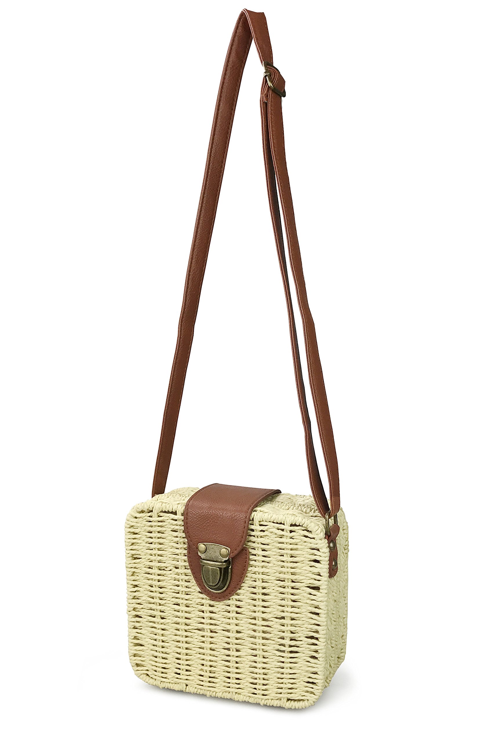 HOXIS Retro Straw Portable Small Case Womens Cross Body Bag Shoulder Messenger Satchel (Khaki)
