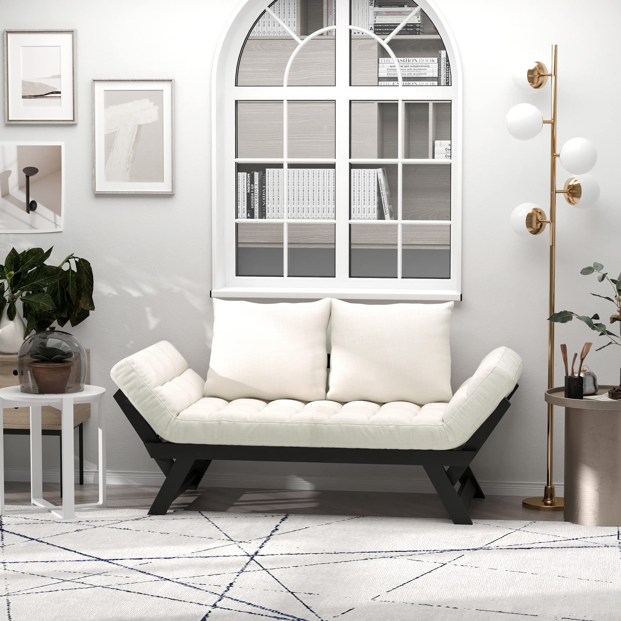 HOMCOM Single Person 3 Position Convertible Chaise Lounger Sofa Bed with 2 Large Pillows and Oak Frame, Cream White