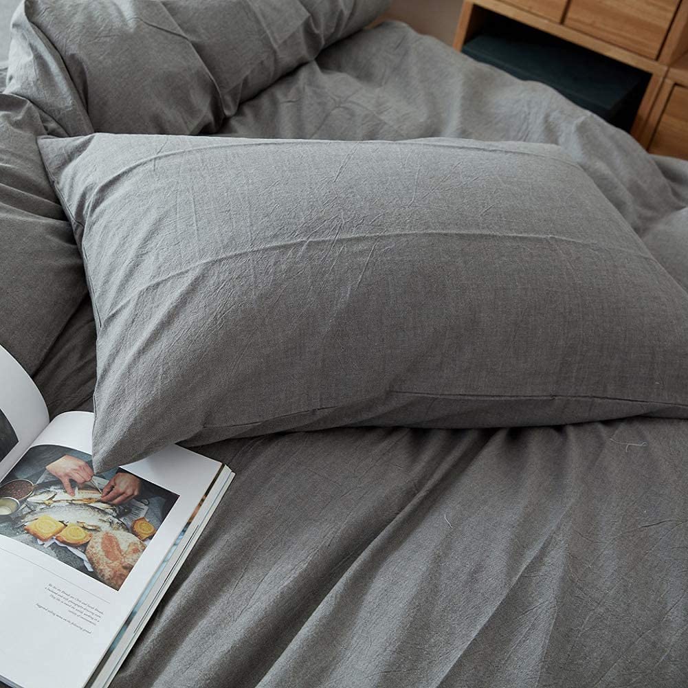 Grey Duvet Cover King, 100% Washed Cotton Linen Like Textured 3 Pieces Grey Bedding Set, Solid Color Simple Style Duvet Cover, Luxury Relaxed Feel Natural Wrinkled Breathable Soft Comfy (Grey, King)