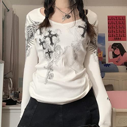 vaflower Women Y2K Long Sleeve Patchwork Lace Square Neck Crop Top Tshirt Slim Fit Harajuku Vintage Streetwear Blouse Tops (A1-White,M)