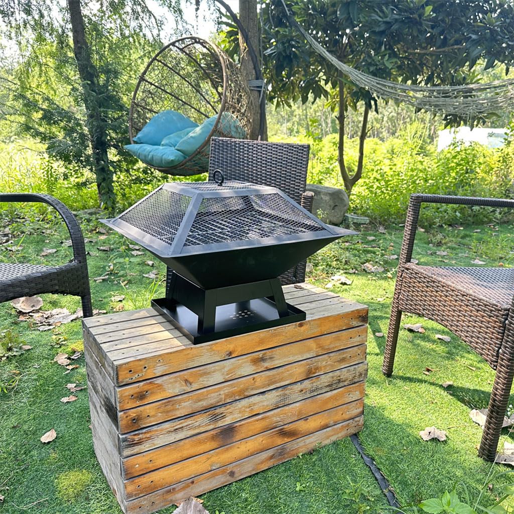 HOYOC 19" Portable Propane Fire Pit for Camping Wood Fire Pit with Cooking Grill Metal Outdoor Fire Pit Table Multiuse Square Patio BBQ Firepit for Patio Backyard Garden Picnic Bonfire Camping