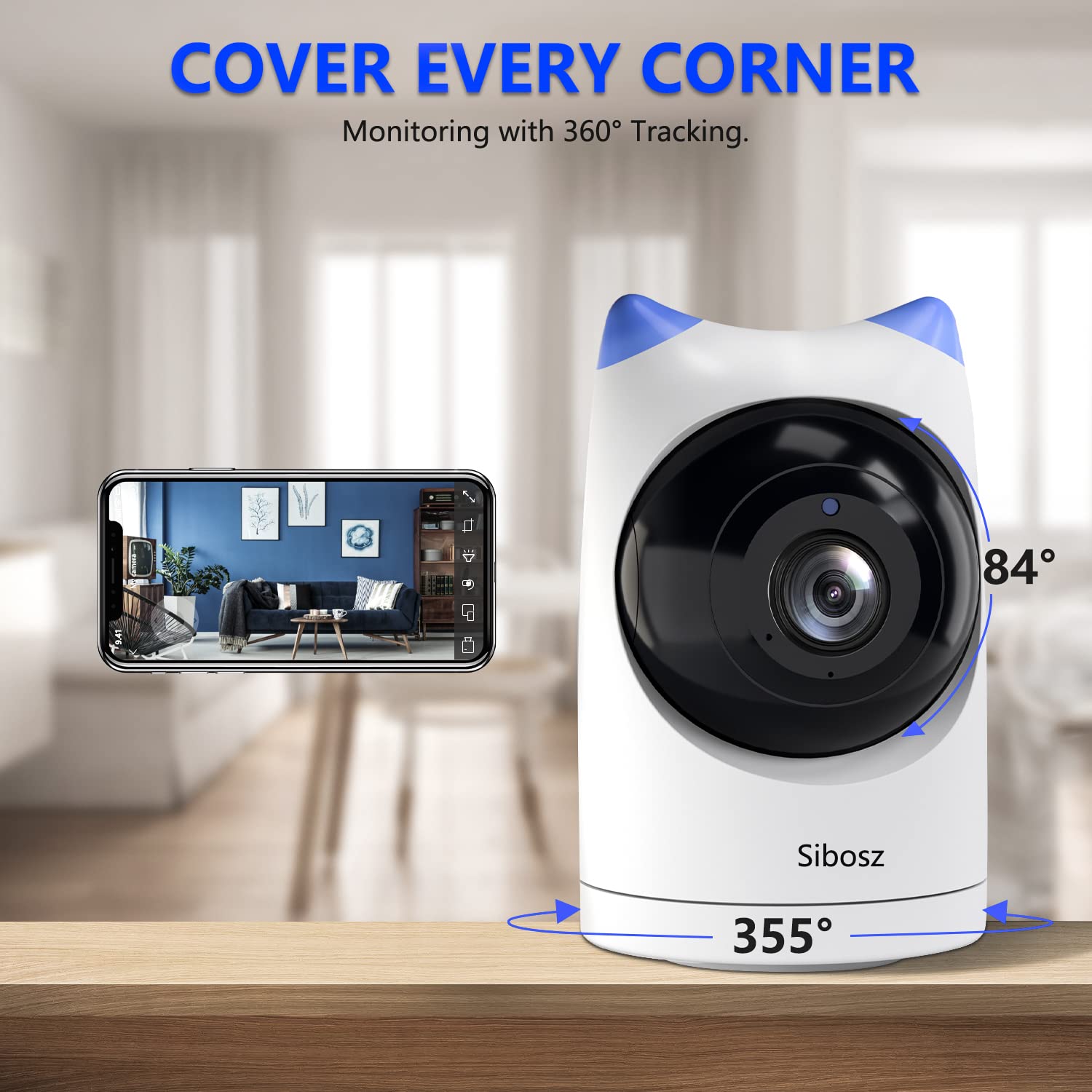 Sibosz Wireless 5G Security Camera, 360° 2MP Cute Home Surveillance Camera for Baby Pet Monitor Dual Band 5/2.4GHz WiFi with Night Vision Motion Detection 2 Way Audio Support Local/Cloud Storage