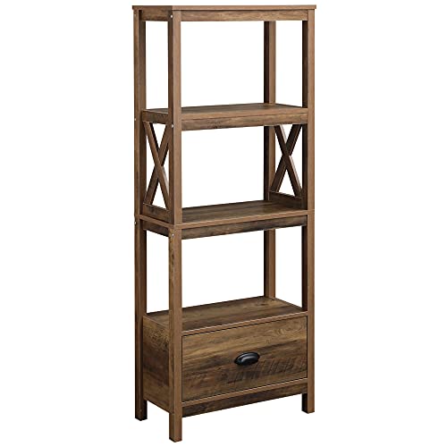 HOMCOM Farmhouse Chic 3-Tier Shelf Bookcase Display Rack with Drawer for Living Room, Bedroom, Office, Natural Wood