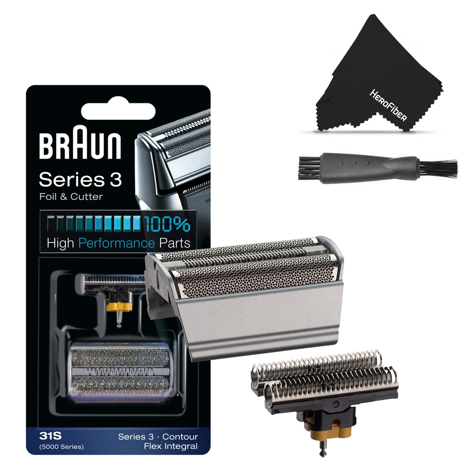 HeroFiber Braun Replacement Head for Select Series 3 Combi 31S Foil & Set (Silver) for, Contour, Flex XP, Flex Integral (5000/6000) Shavers + Double Ended Shaver Brush Ultra Gentle Cleaning Cloth