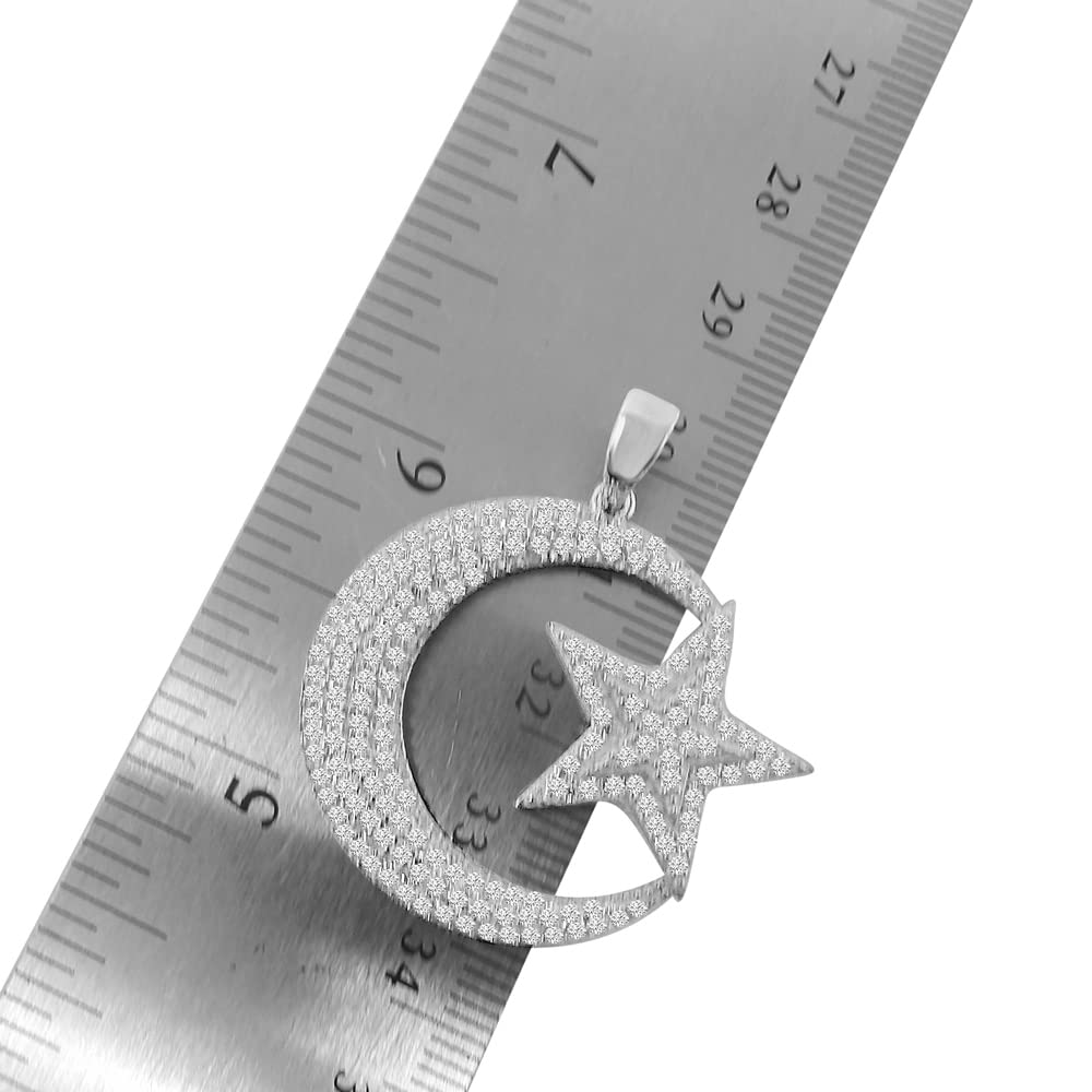 JewelBooth Real Genuine Sterling Silver Allah Muslim Islamic Crescent Moon and Star Charm Simulated Diamond Pendant Chain Neckless Set Small 1.35'' (White Gold/White CZ)