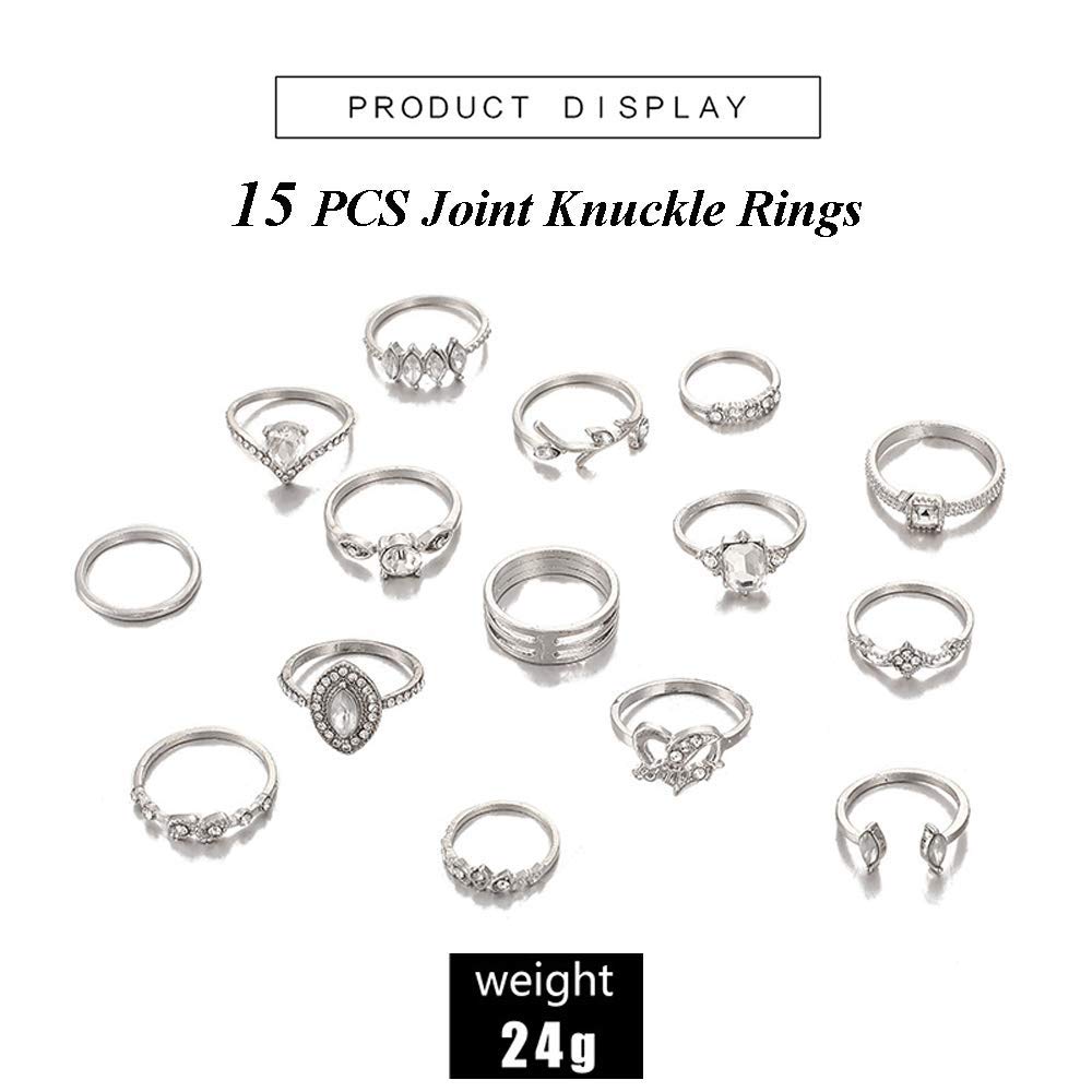 Hsarsup Bohemian Finger Rings Vintage Gold/Silver Crystal Stacking Ring Joint Knuckle Ring Set for Women Girl (Silver4)