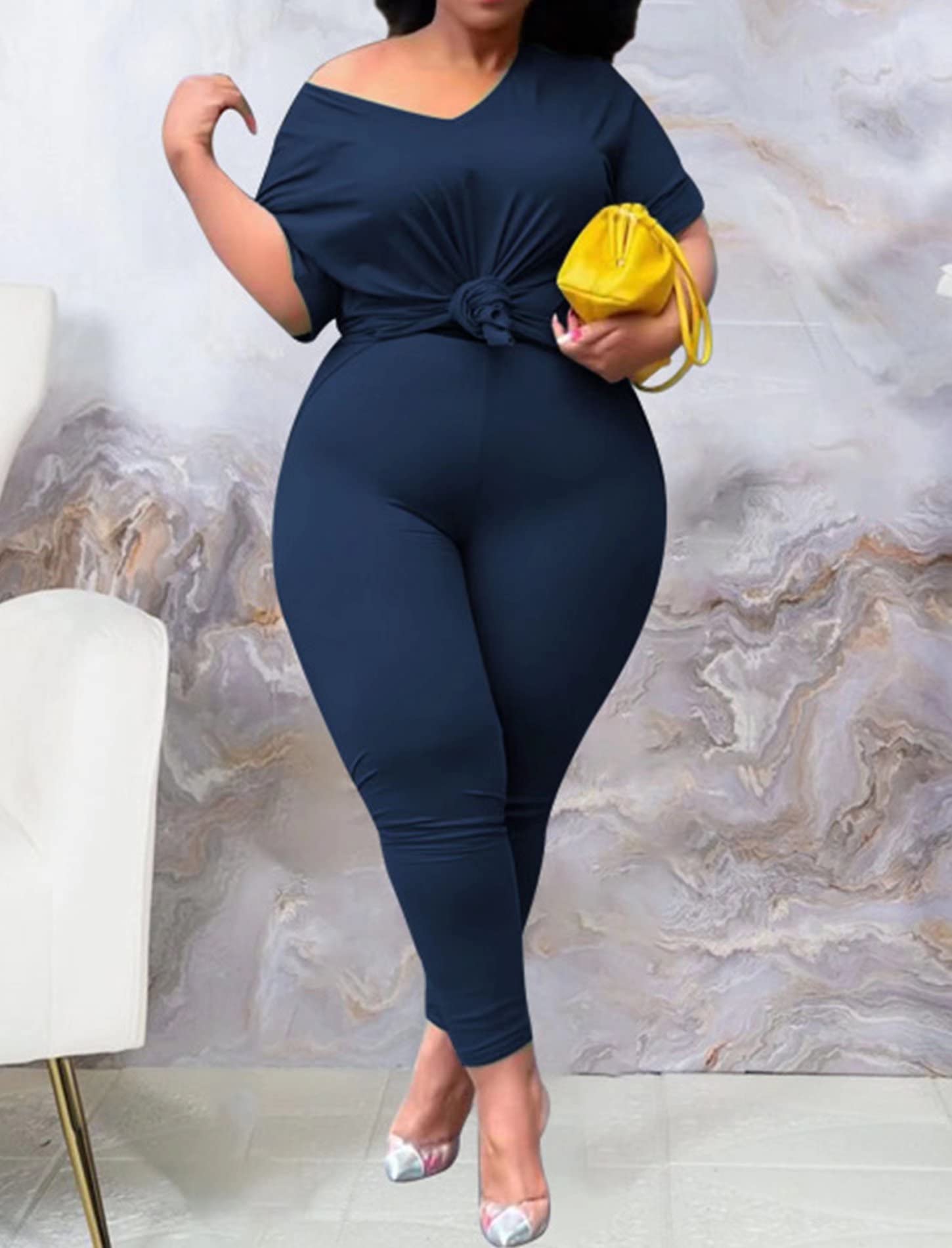 IyMoo Women's Plus Size 2 Piece Outfit - Casual Short Sleeve V Neck T-Shirts Workout Tracksuit Bodycon Pants Set Jumpsuit Rompers Navy Blue XL