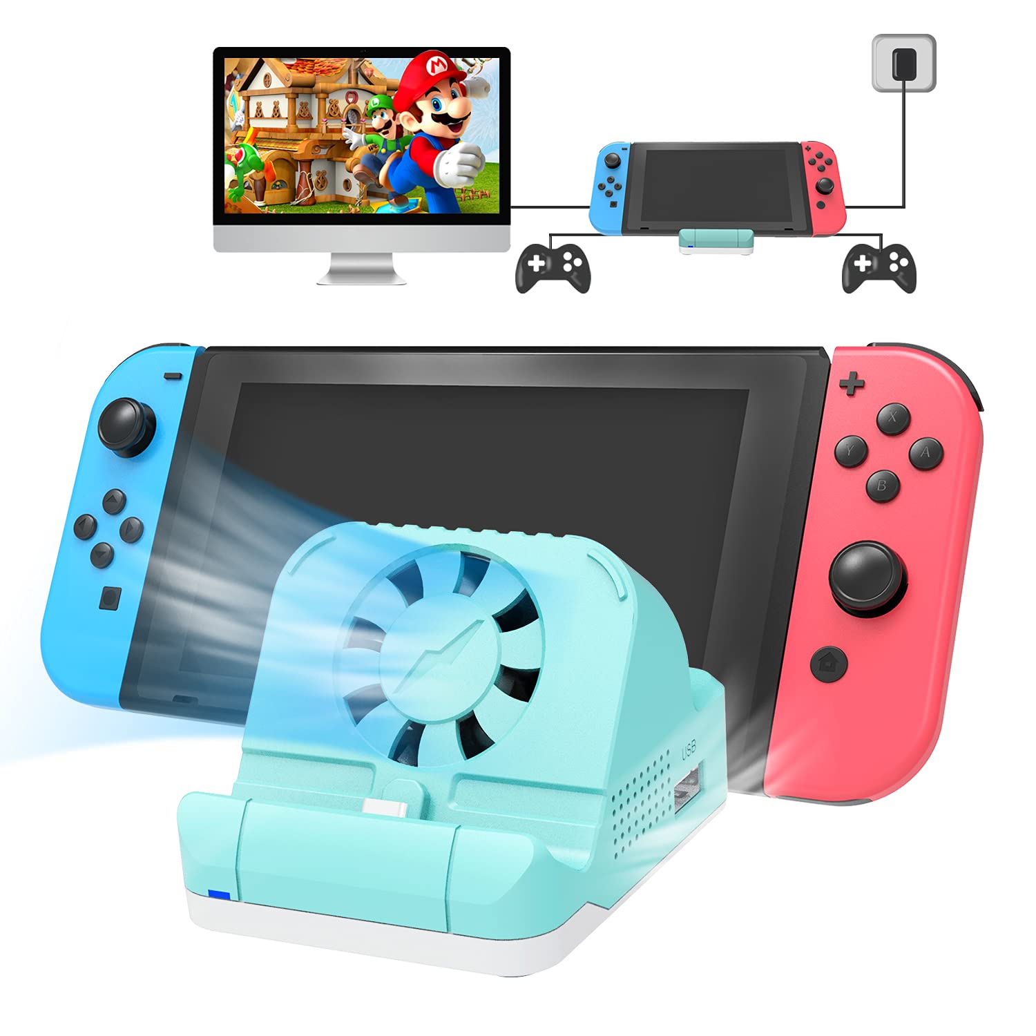 IQIKU Switch Dock with Cooling Fan and USB 3.0 Port, Portable Docking Station for Nintendo Switch and Switch OLED (Blue