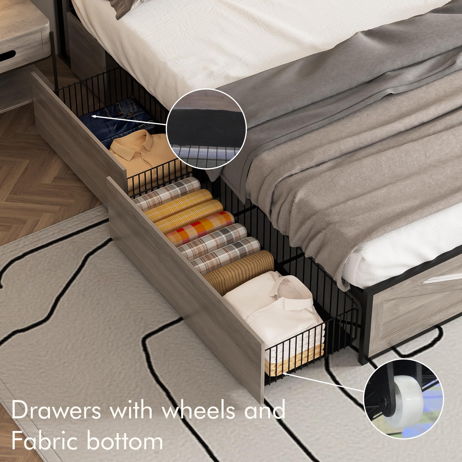 Halitaa LED Queen Size Bed Frame with Charging Station & 4 Drawers, Platform Metal Bed Frame with Headboard USB Ports Outlets, Farmhouse Bed Frame with LED Lights, Noise Free, Wash Grey (Queen)