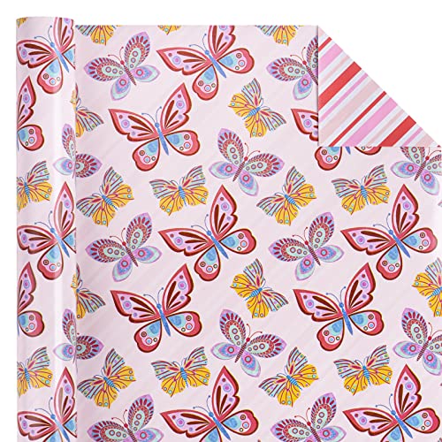 WRAPAHOLIC Reversible Wrapping Paper - Mini Roll - 17 Inch X 33 Feet - Butterfly Design, Perfect for Birthday, Party, Holiday, Wedding, Baby Shower