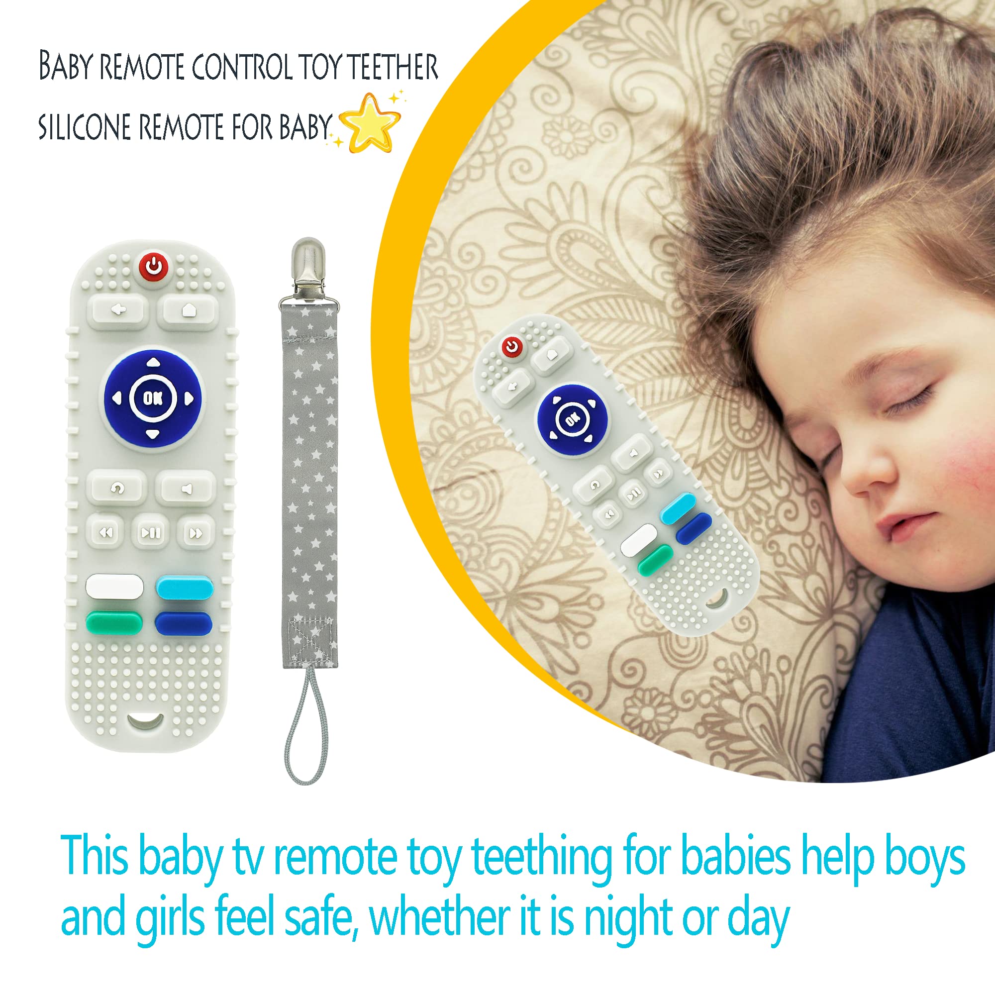 Remote Control Teether Toy for Babies 6 to 12 Months,Baby Teething Toys Tv Remote Shape with Pacifier Clip(White)