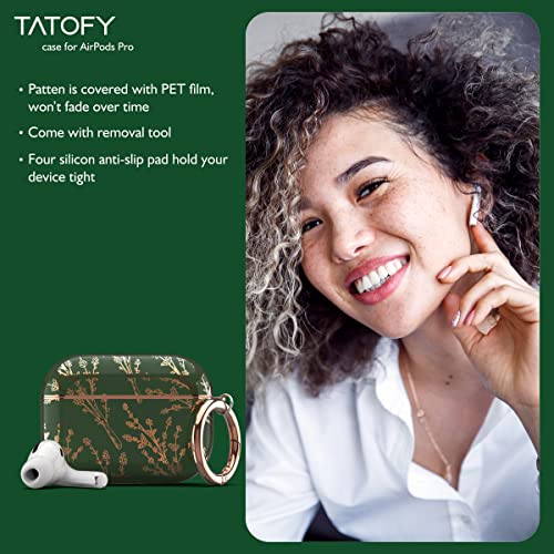 TATOFY Case Cover for AirPods Pro 2019,Stylish AirPods Pro Case for Women Girls, Flower Patterns Protective Hard Case with Clip (Golden Green)