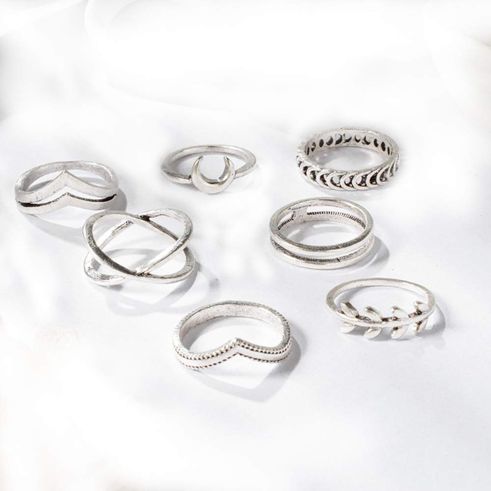 Knuckle Rings Silver Ring Set for Women Boho Stackable Rings Thumb Middle Finger Ring for Girls Leaf Moon Chain Rings 7Pcs