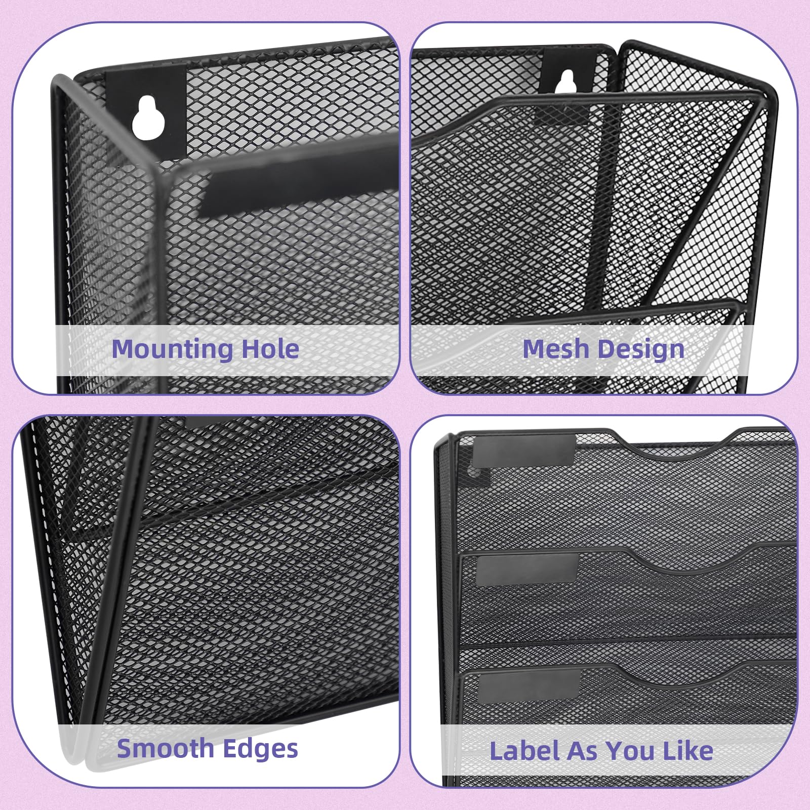 HMXLJJY Wall File Organizer 5 Pockets,Wall Mail Organizer,Vertical Wall Mounted Mesh Hanging File Holder Organizer,Mail Holder,Paper Organizer,Magazine Rack,Wall Organizer for Office Home(Black)